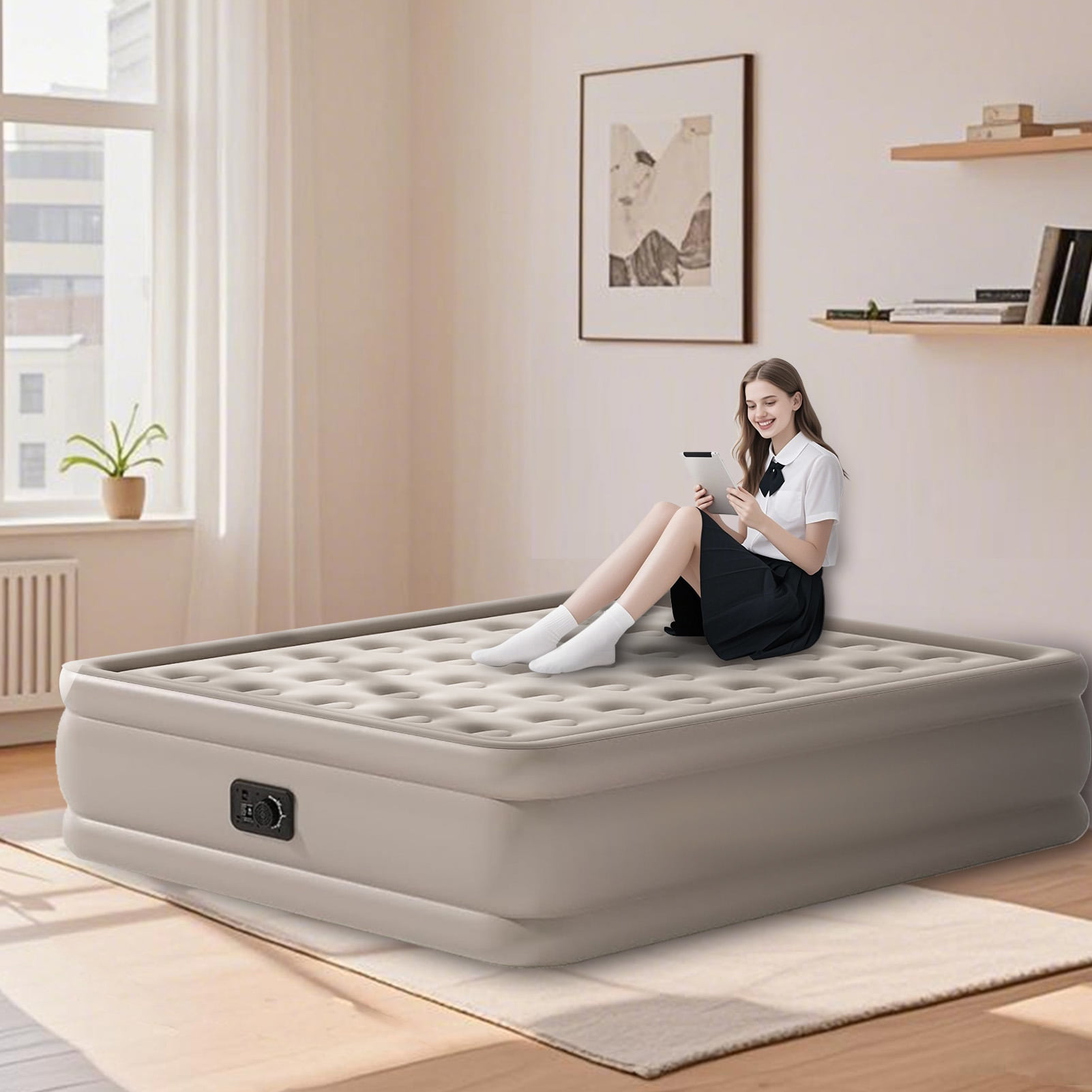 Queen Air Mattress with Built-in Pump 18" Top Flocking,Raised Comfort ...