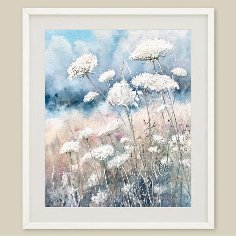 Queen Anne's lace Flowers Watercolor Art Print Wildflowers Meadow ...