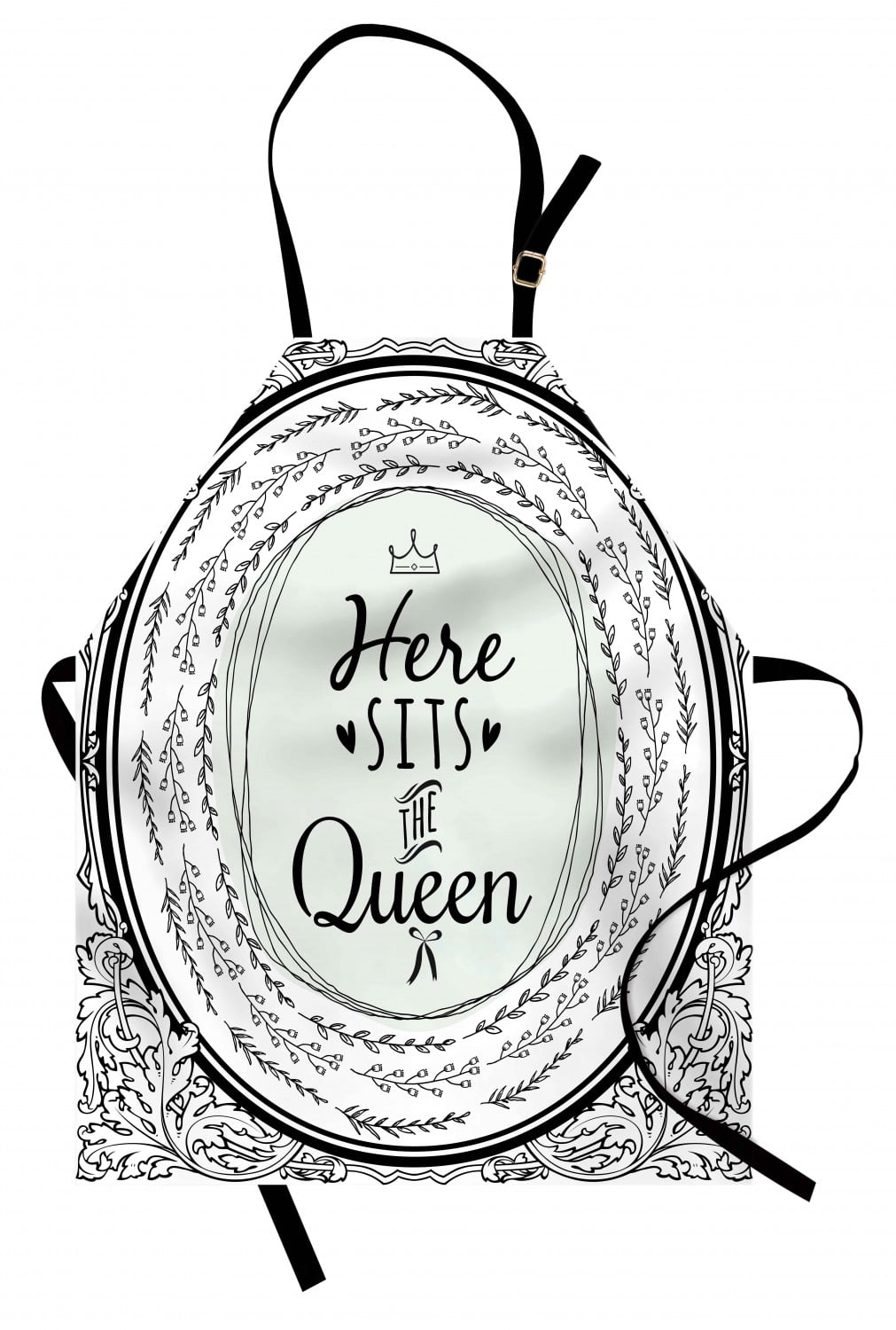 Queen Apron, Here Sits the Queen Words with Oval Monochromatic Vintage ...
