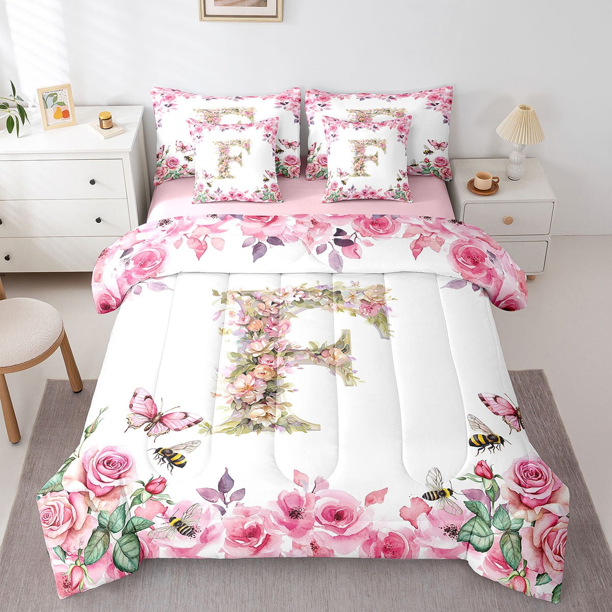 Queen Bed in a Bag Floral A-Z Comforter Set with Sheets 7Pieces All ...