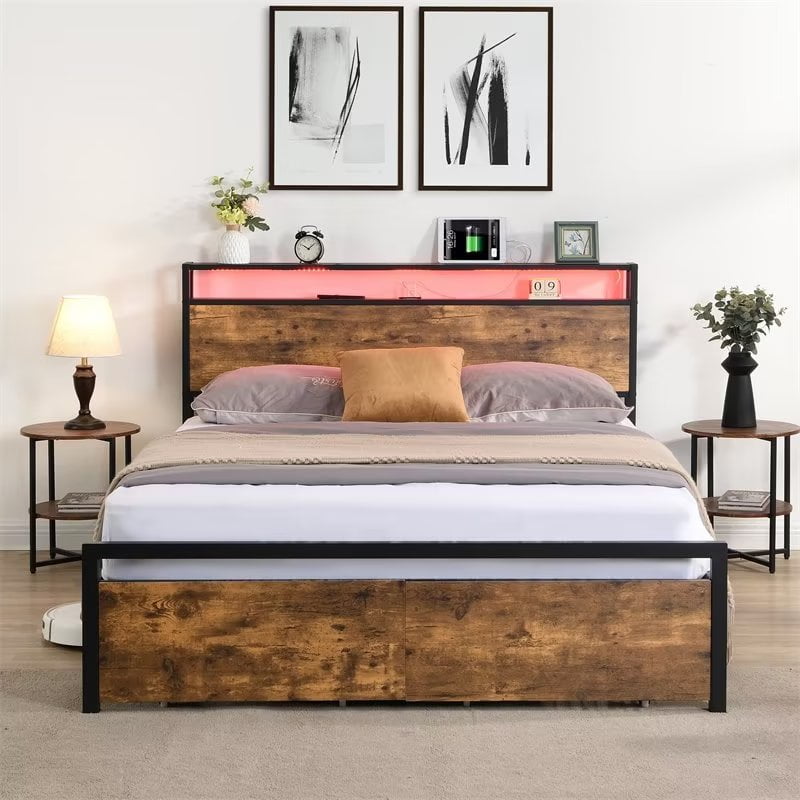 Queen Bed Frame with 2 Drawers and Storage Headboard, Metal Platform ...