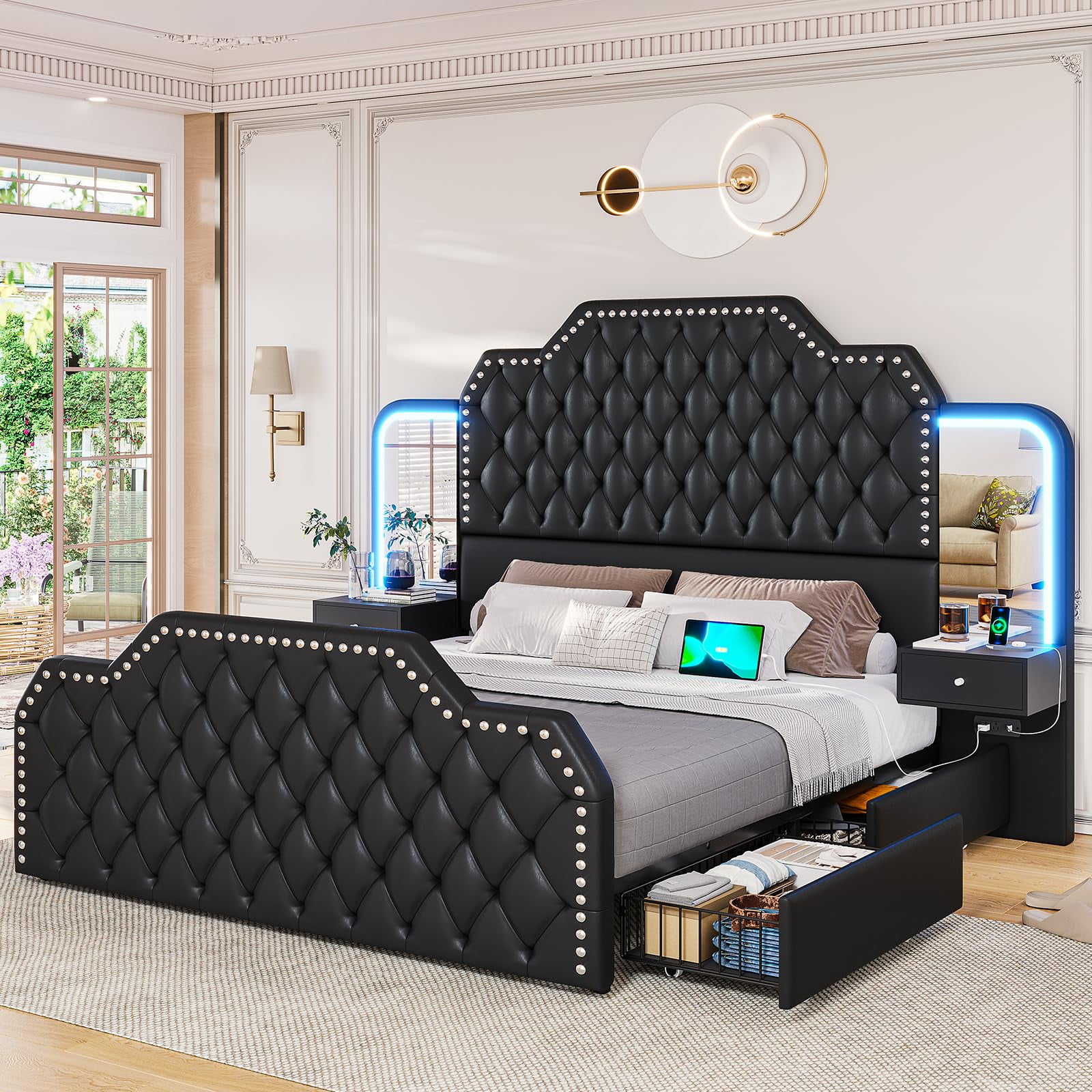 Queen Bed Frame with 2 Nighstands, Power Outlets and 4 Drawers ...
