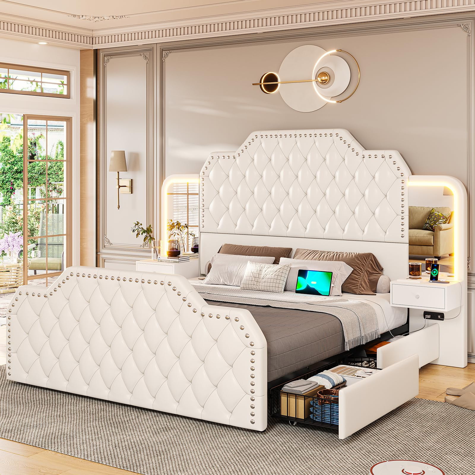 OTMCOOUCH Queen Bed Frame with 2 Nighstands, Power Outlets, 4 Drawers ...