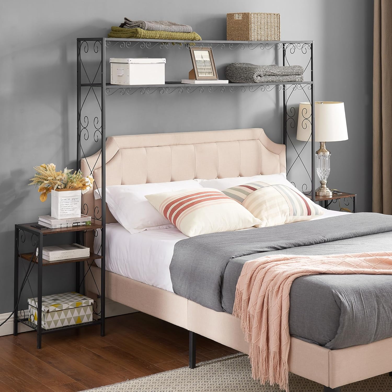 Queen Bed Frame with 2 Nightstands Headboards with Storage Cabinet ...
