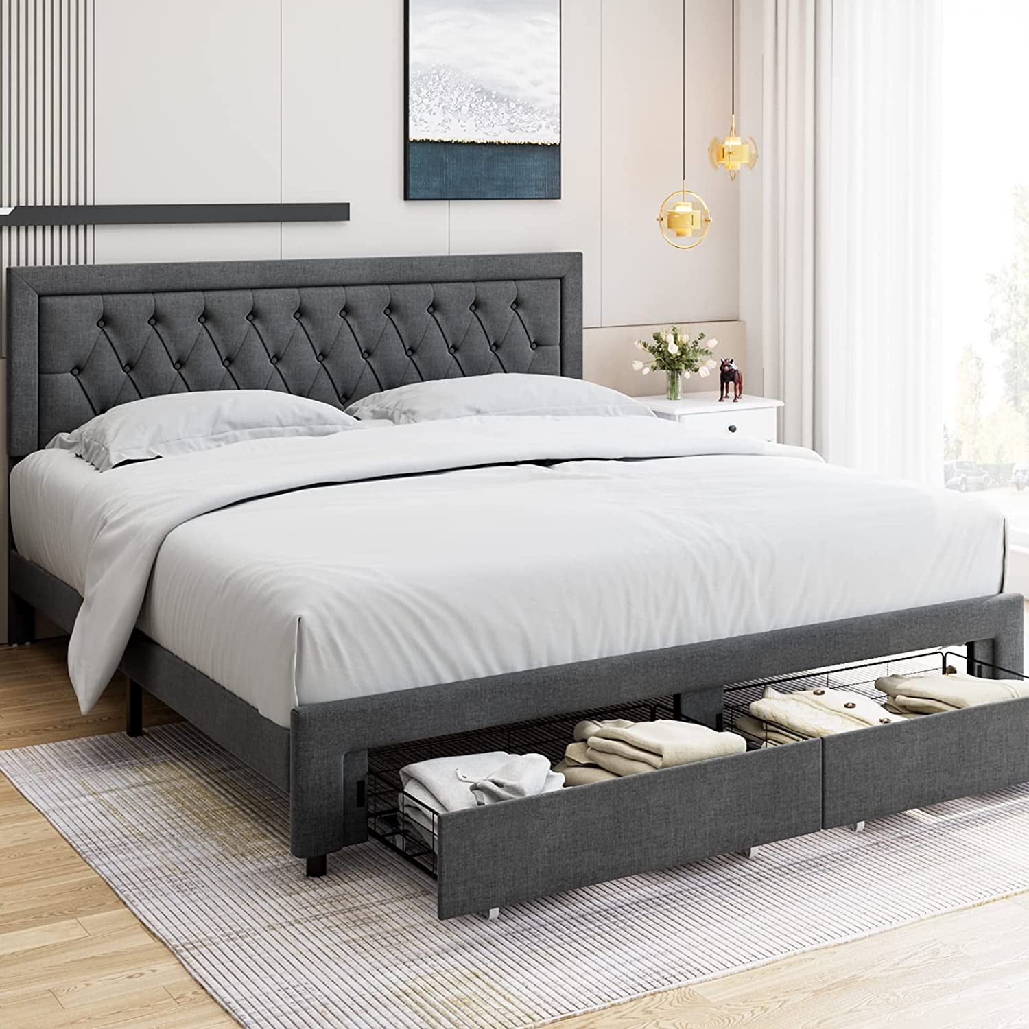 Queen Bed Frame with 2 Storage Drawers Leather Upholstered Platform Bed ...