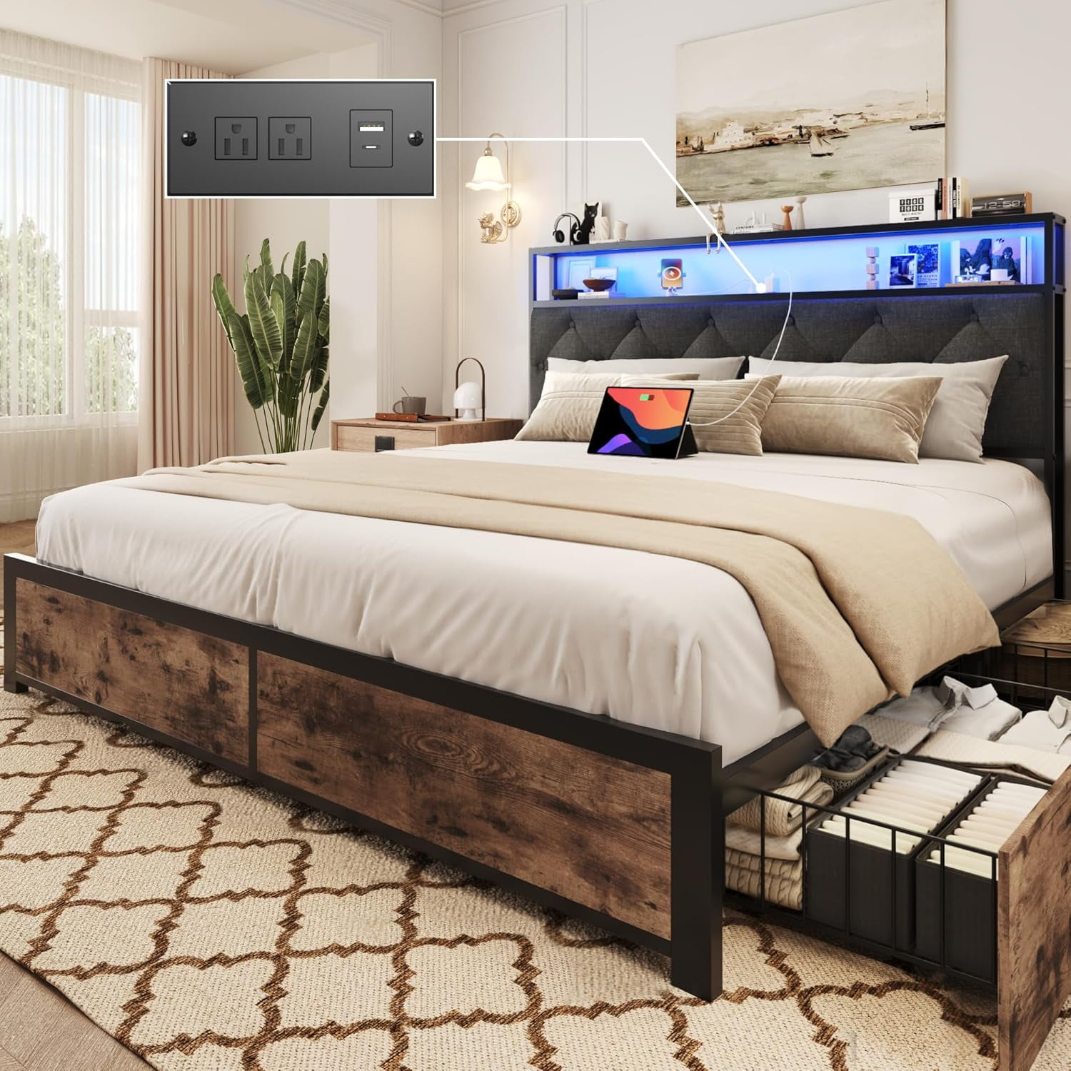 Queen Bed Frame with 2-Tier Storage Fabric Upholstered Headboard, Metal ...