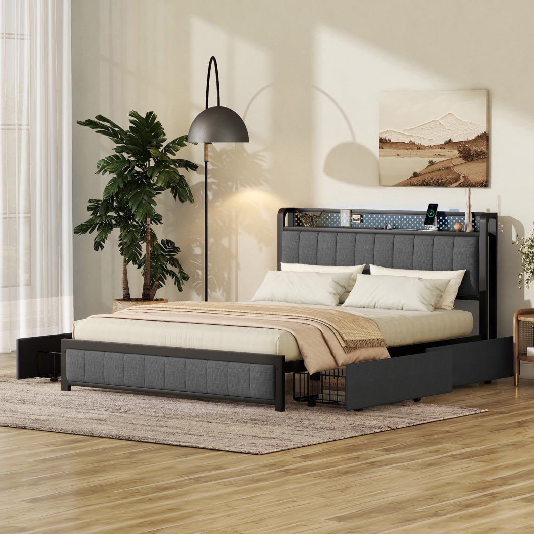Queen Bed Frame with 4 Storage Drawers, LED Headboard and Storage Shelf ...