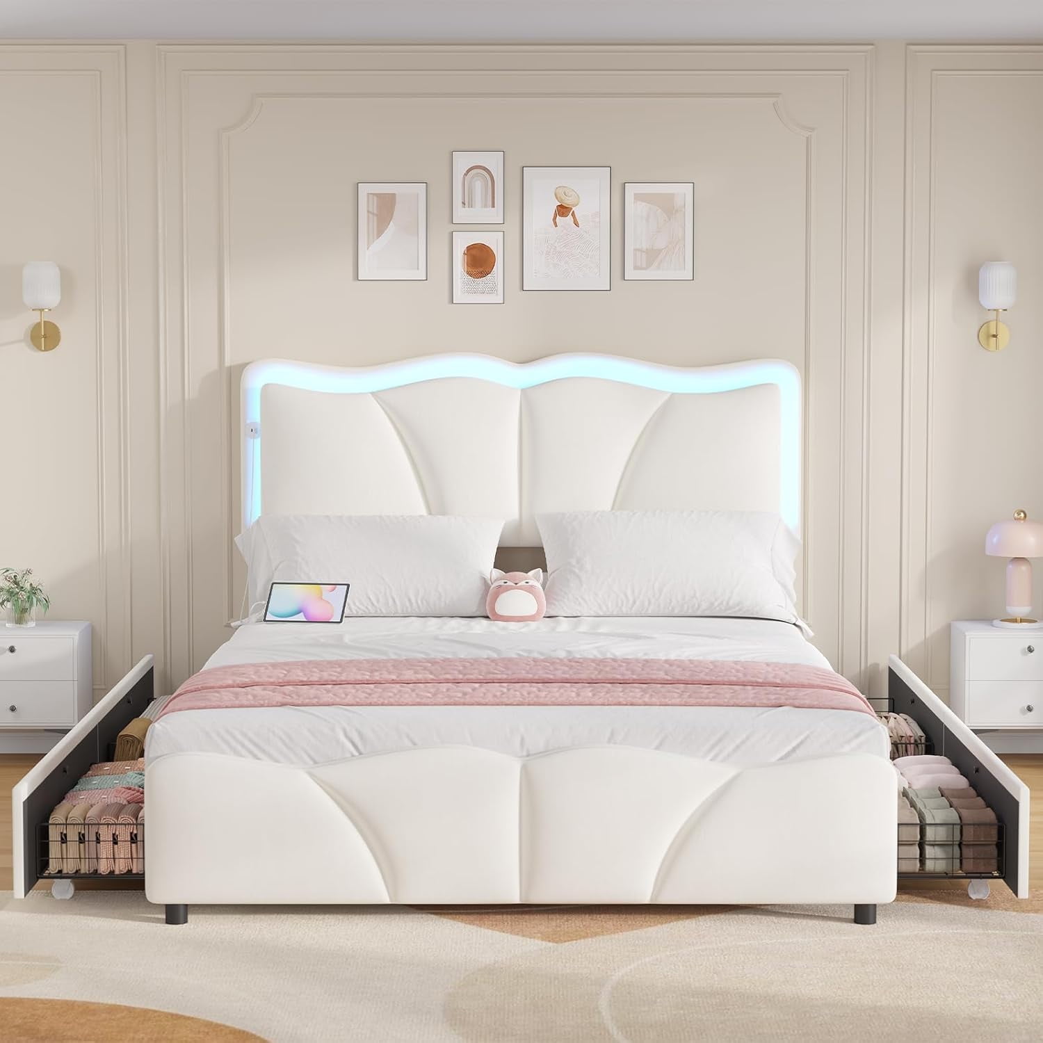 Queen Bed Frame with 4 Storage Drawers and LED Lights, Velvet ...