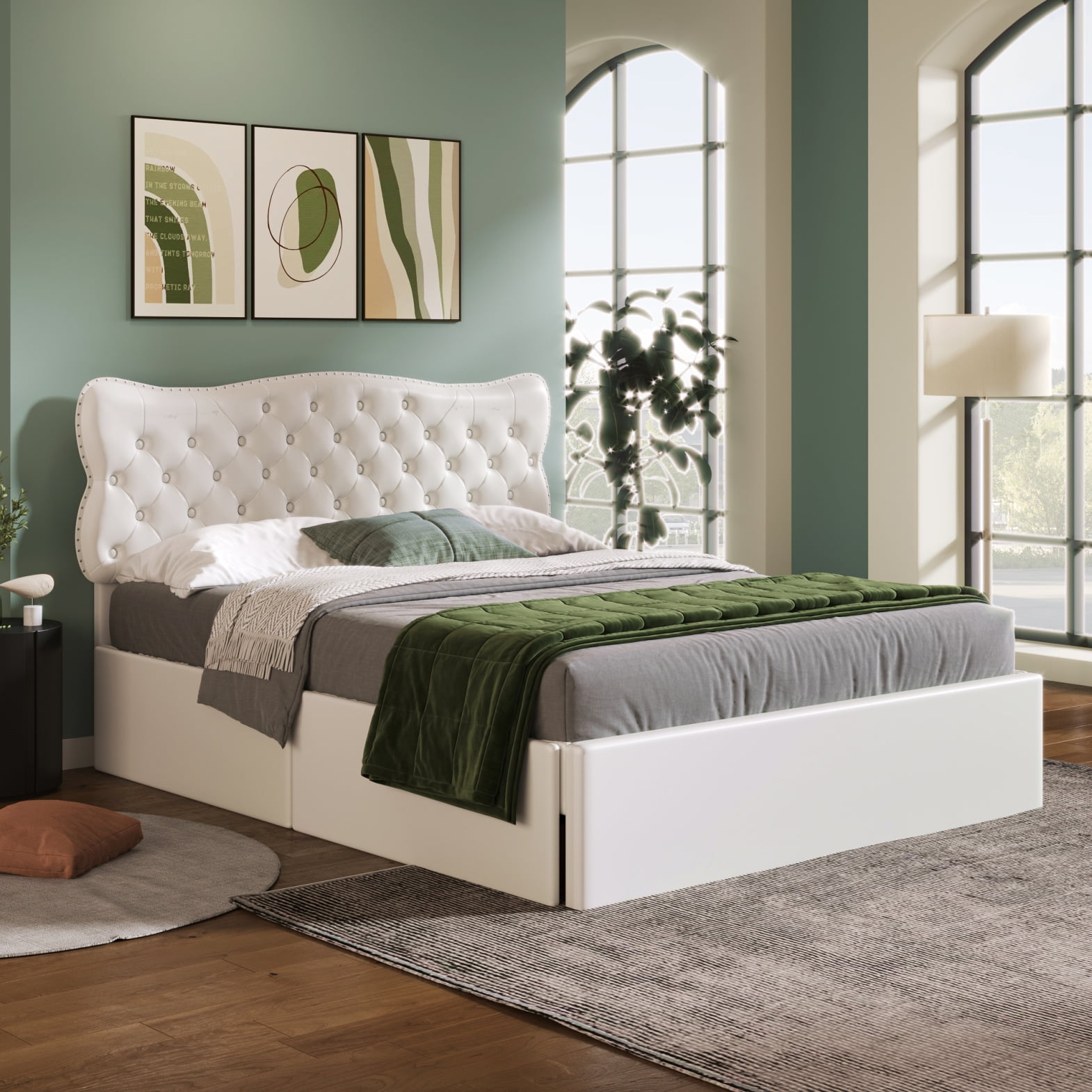 Queen Bed Frame with 4 Storage Drawers, Leather Upholstered Platform ...