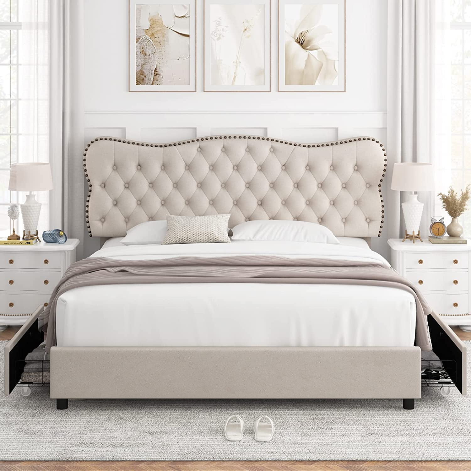 Queen Bed Frame with 4 Storage Drawers Upholstered Platform Bed Frame ...