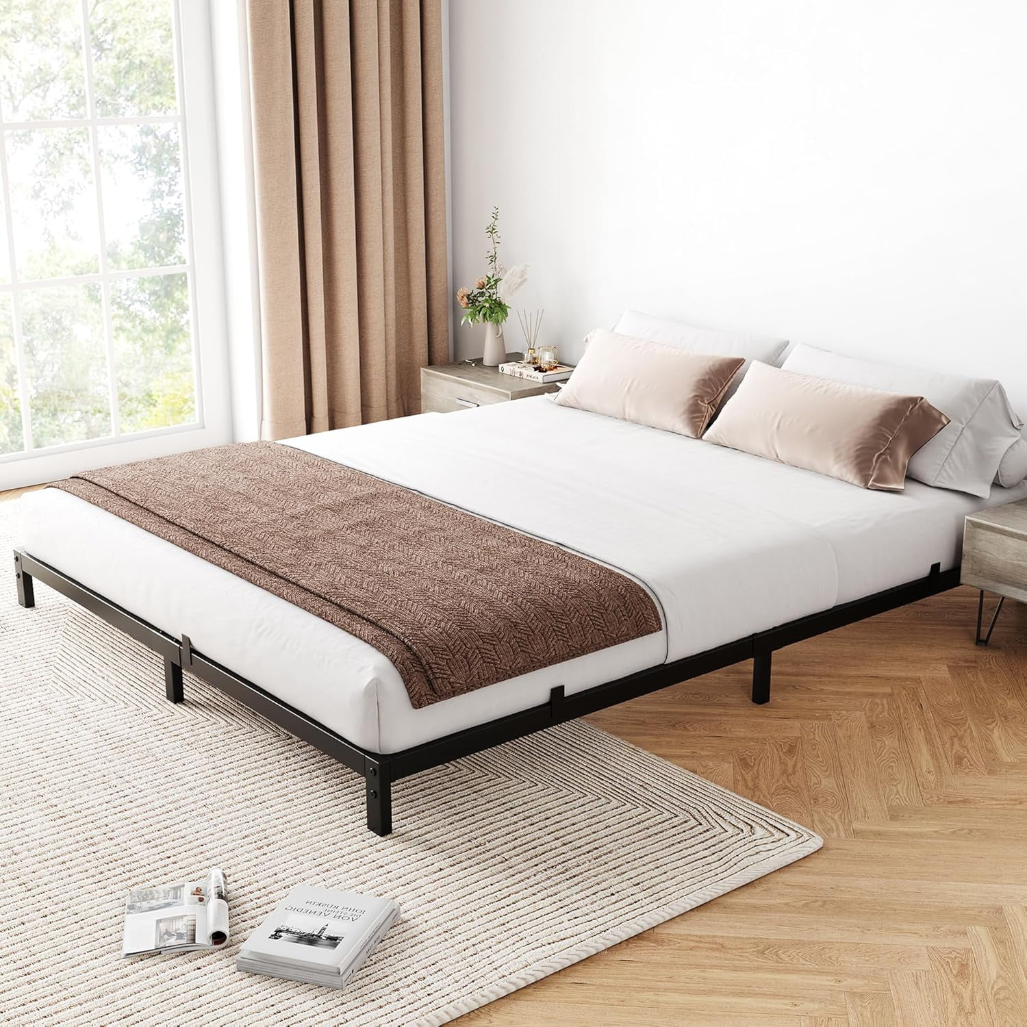 Queen Bed Frame, 6-inch Metal Low Platform Bed Frame, Queen Size Bed Frame with Metal Slat ...