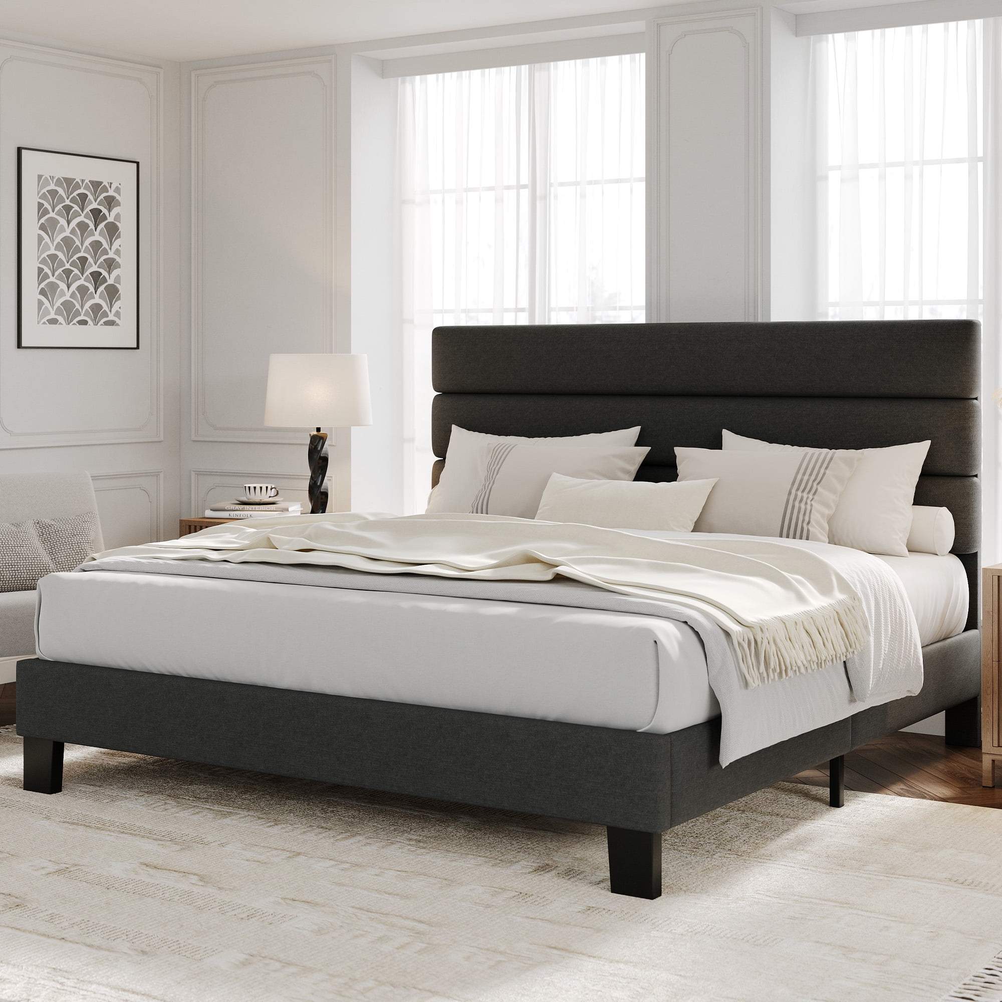 Queen Bed Frame with Adjustable Headboard, Fabric Upholstered and ...