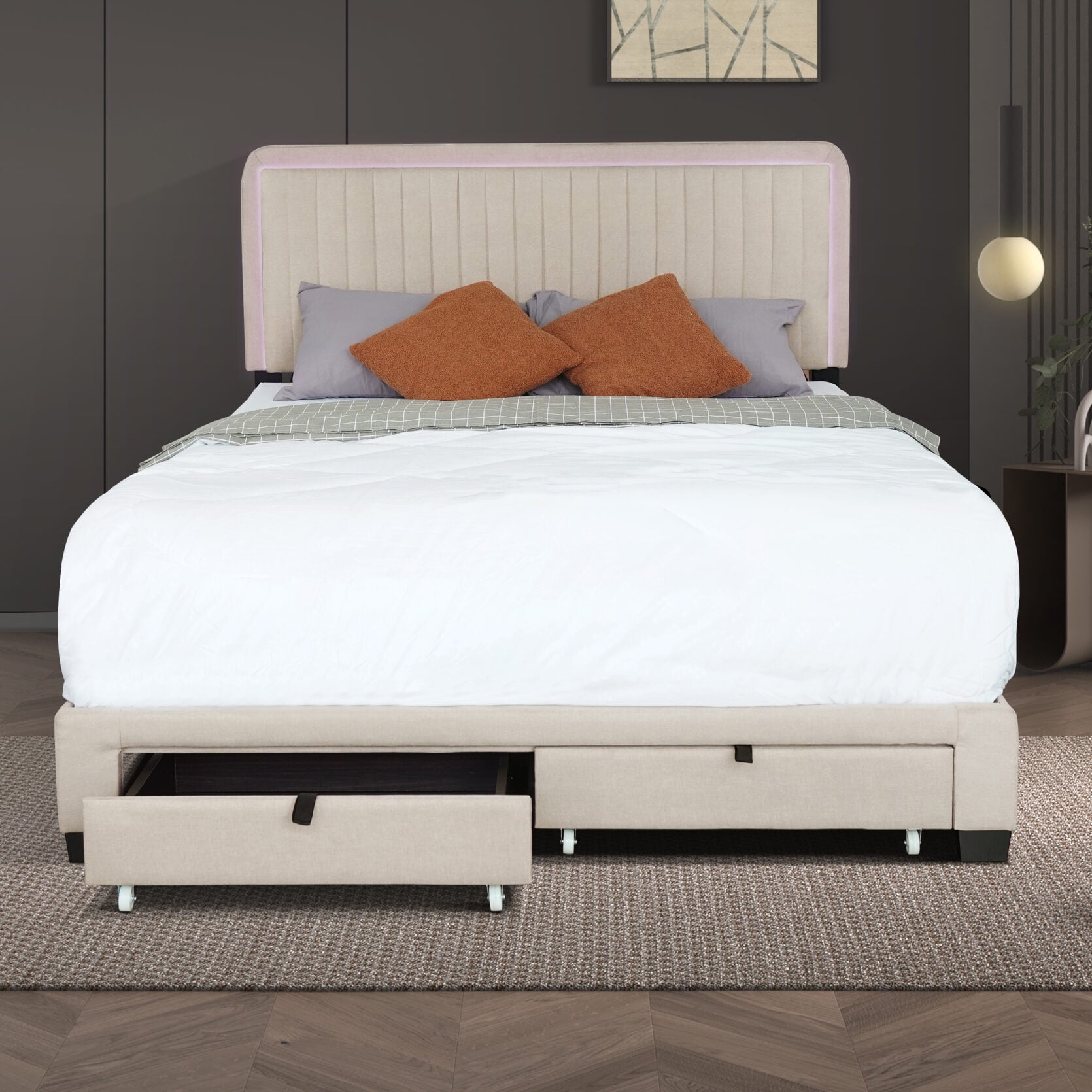 Queen Bed Frame with Adjustable LED Headboard and Footboard Drawers ...