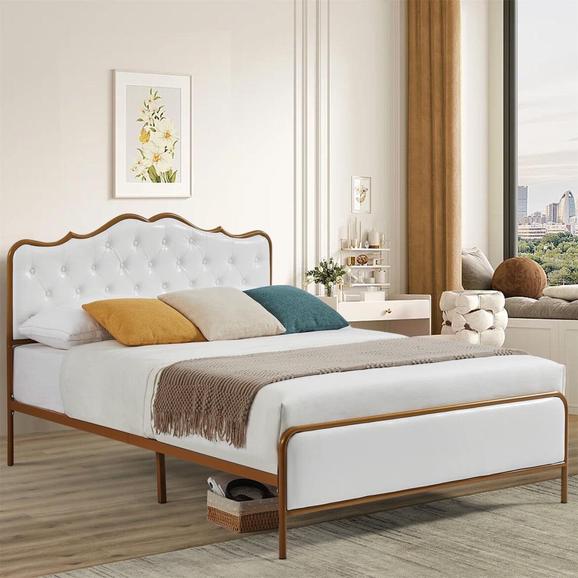 Queen Bed Frame, Bed with Metal Frame and Solid Wood Ribs, Bed Frame ...