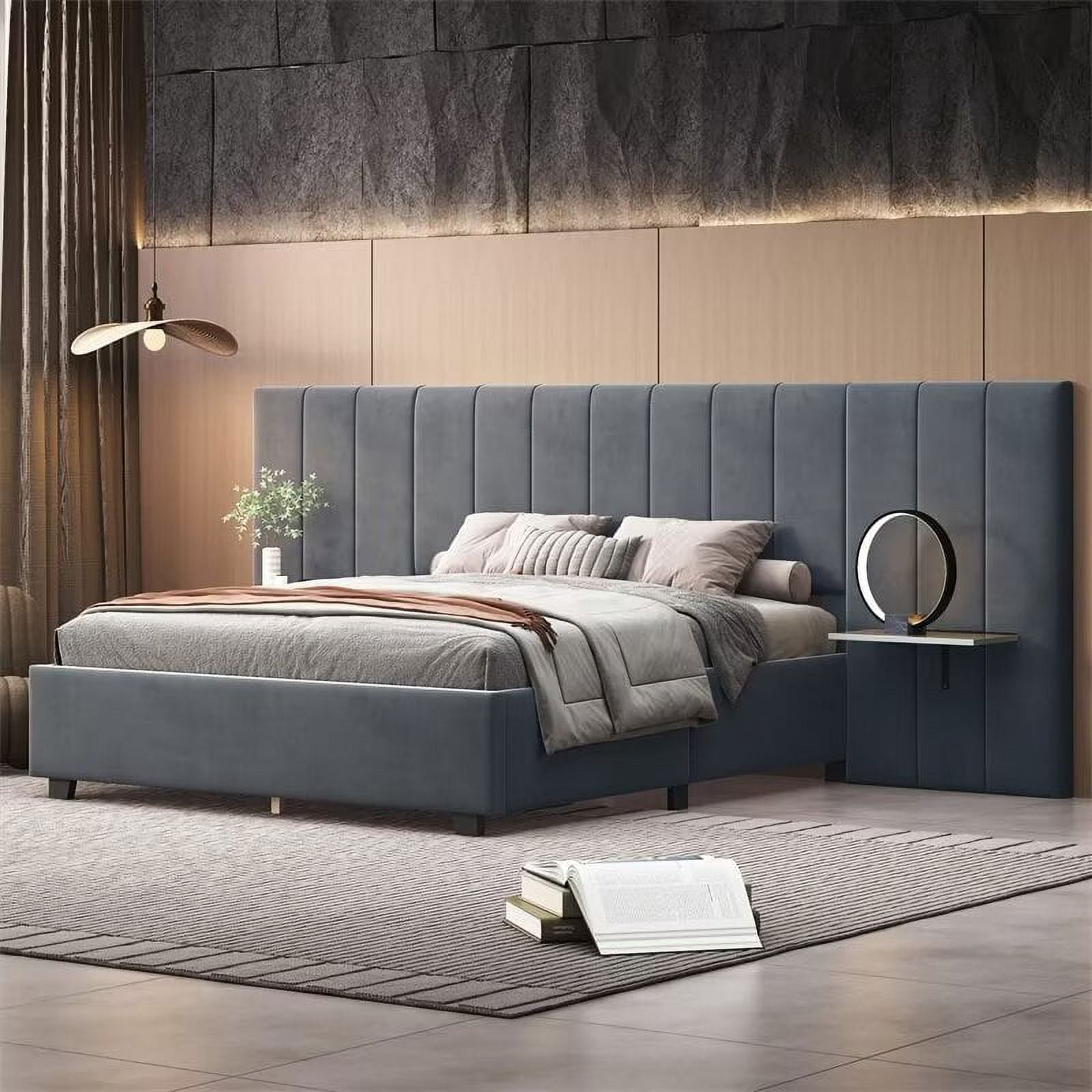 Queen Bed Frame with Big Headboard, Velvet Upholstered Platform Bed ...
