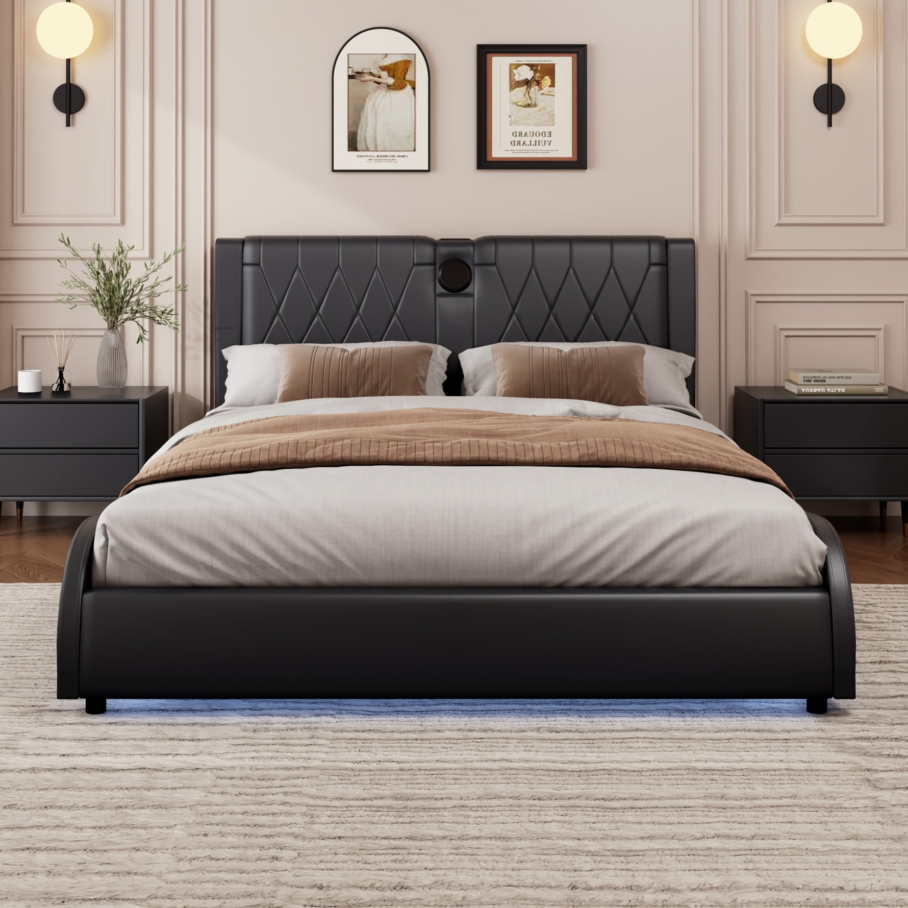 Queen Bed Frame with Bluetooth Speakers and RGB LED Lights, Luxurious ...