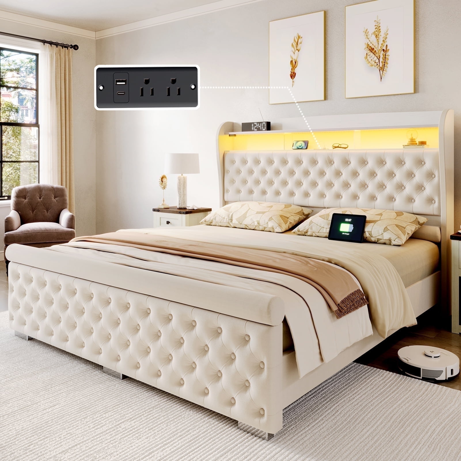 ROCHECASA Queen Bed Frame with Storage, Charging Station and LED Light ...