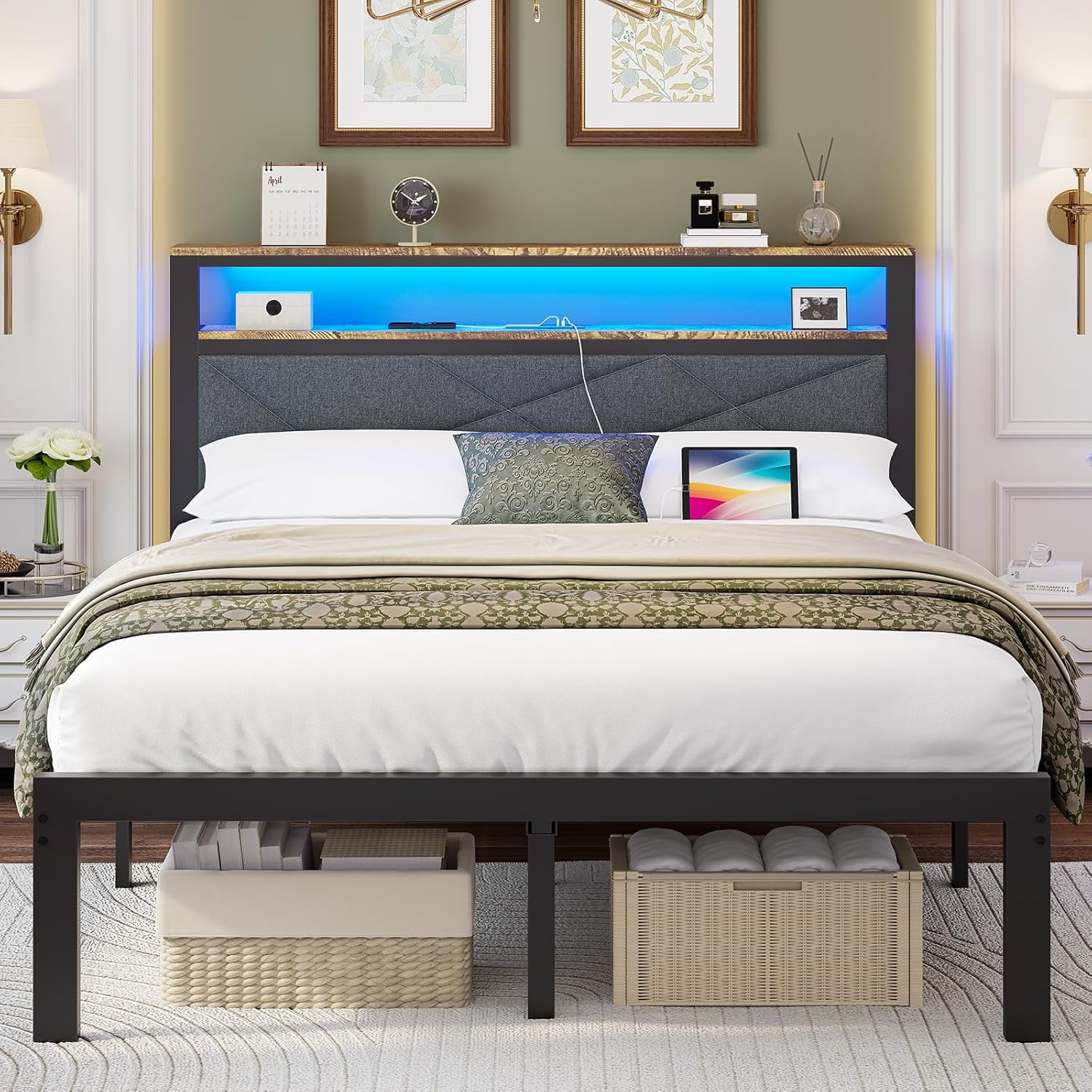 Queen Bed Frame with Charging Station, LED Lights, Heavy Duty Metal ...
