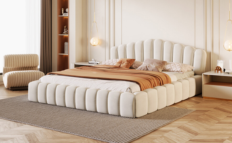 Queen Bed Frame with Floor Bed Shell-Shaped Headboard for Bedroom ...