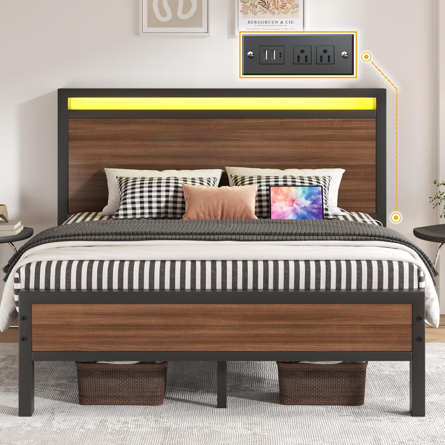 Queen Bed Frame with Headboard, Bed Frame with Charging Station & LED ...