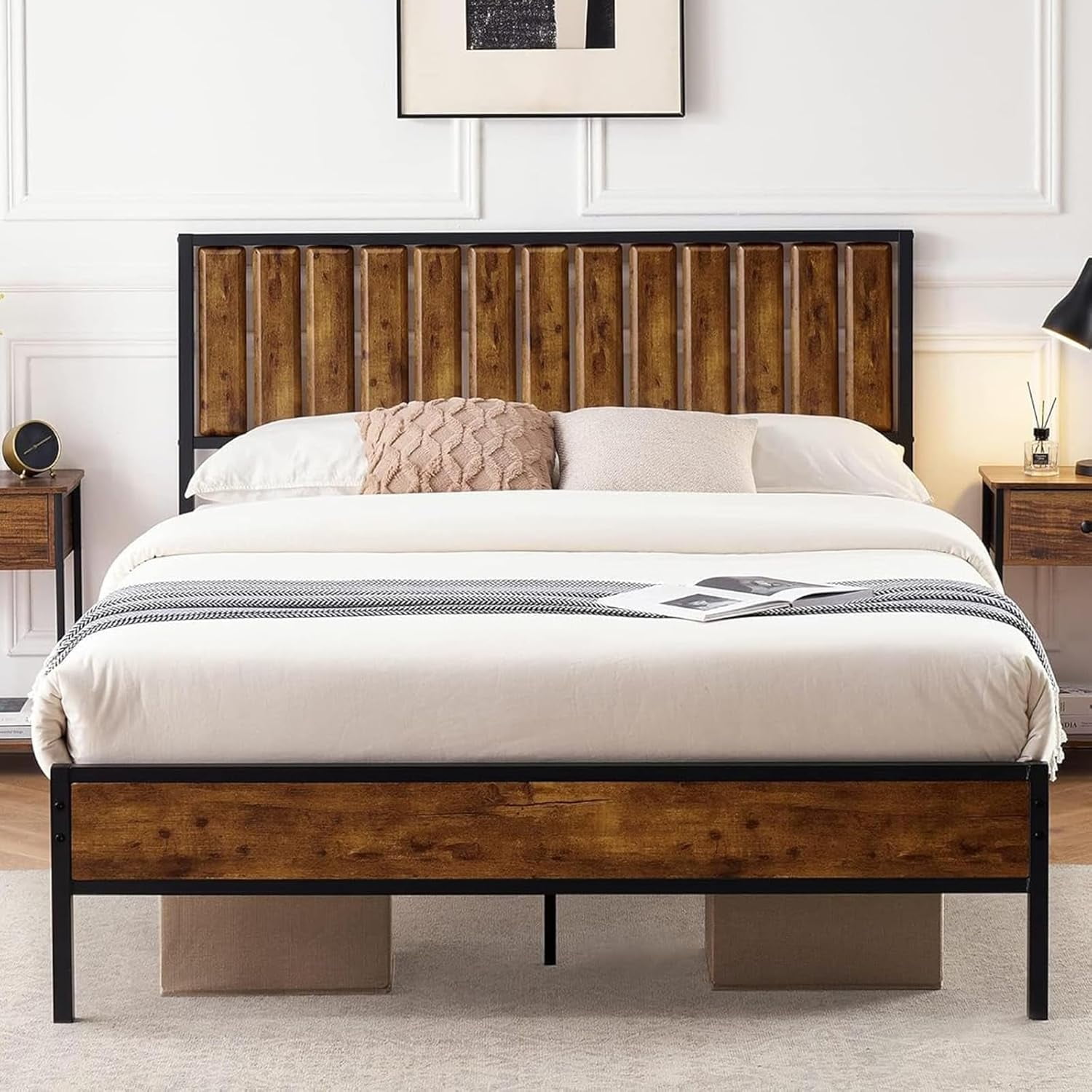 Queen Bed Frame with Headboard Footboard Rustic Wood Farmhouse Platform ...