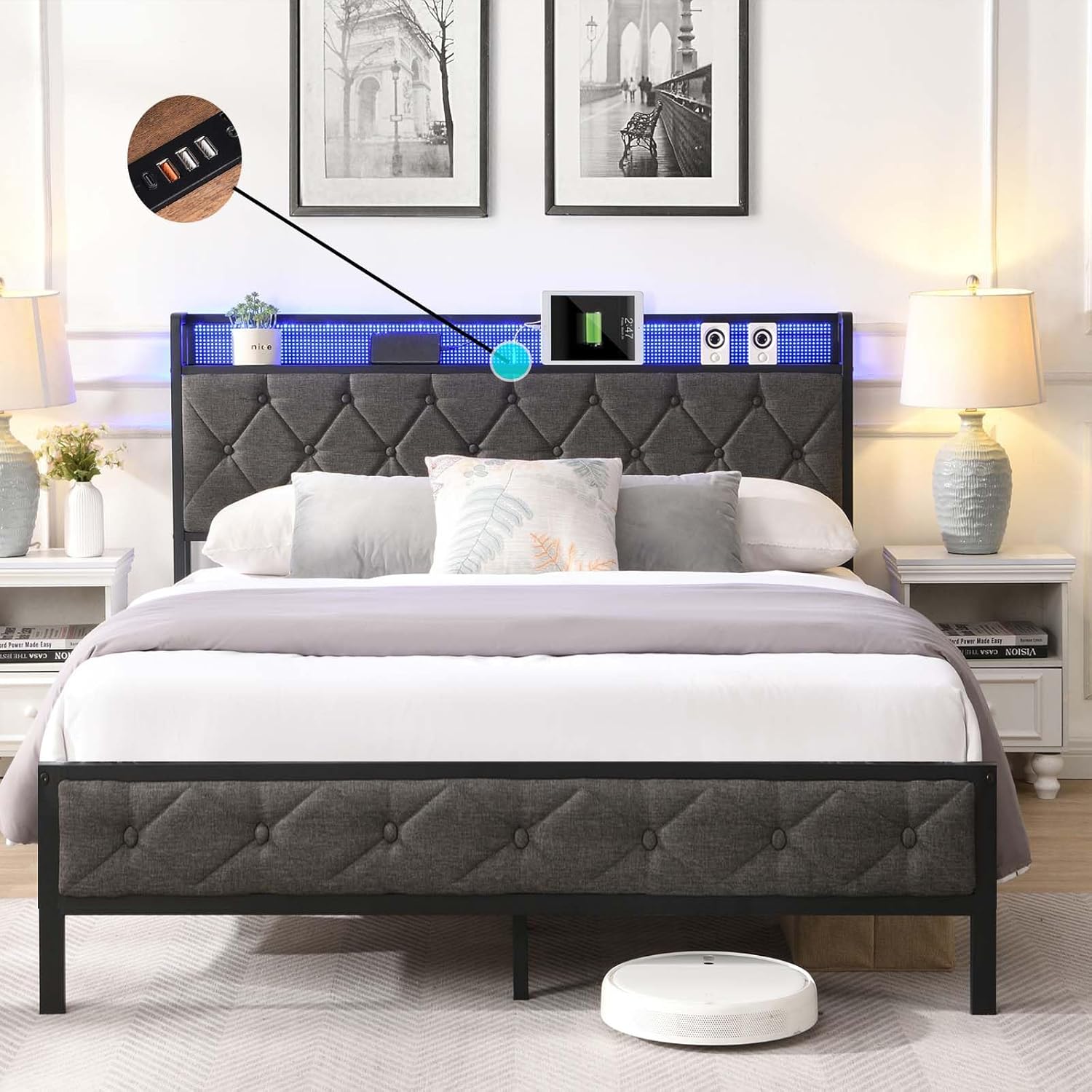 Queen Bed Frame with Headboard,Led Queen Size Bed Frame with Charging ...