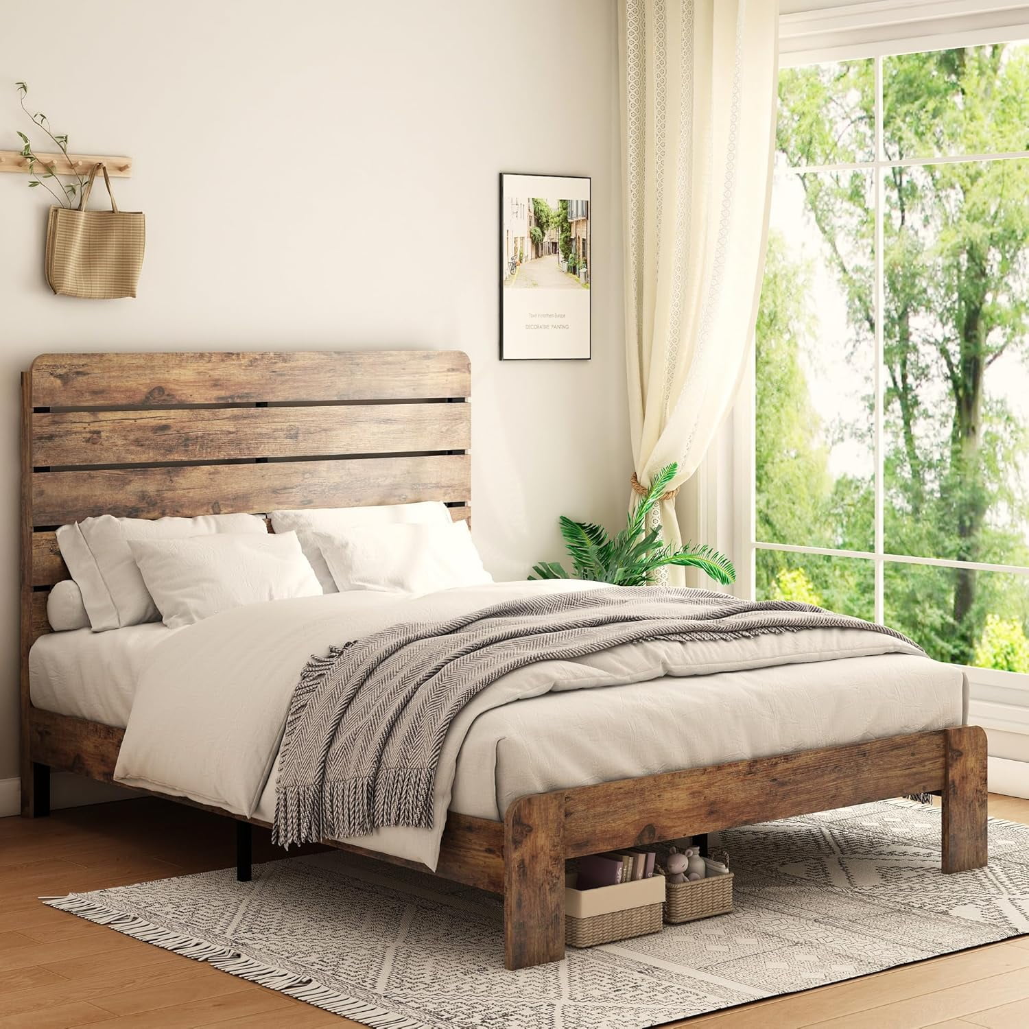 Queen Bed Frame with Headboard, Queen Size Wooden Bed Frame Rustic Farmhouse Bed Frame Style ...