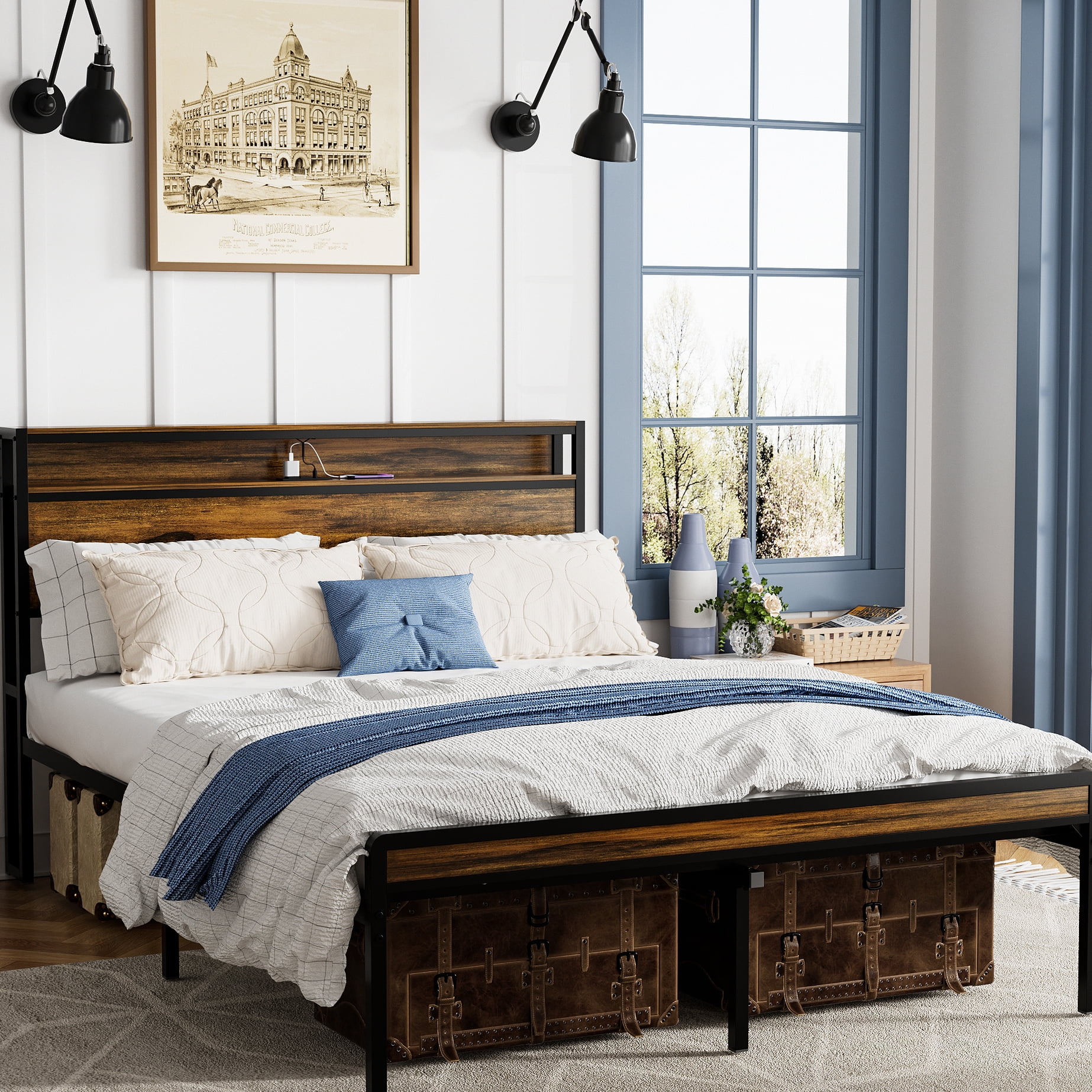 Queen Bed Frame With Headboard Storage & Led , Charging Socket, Build ...