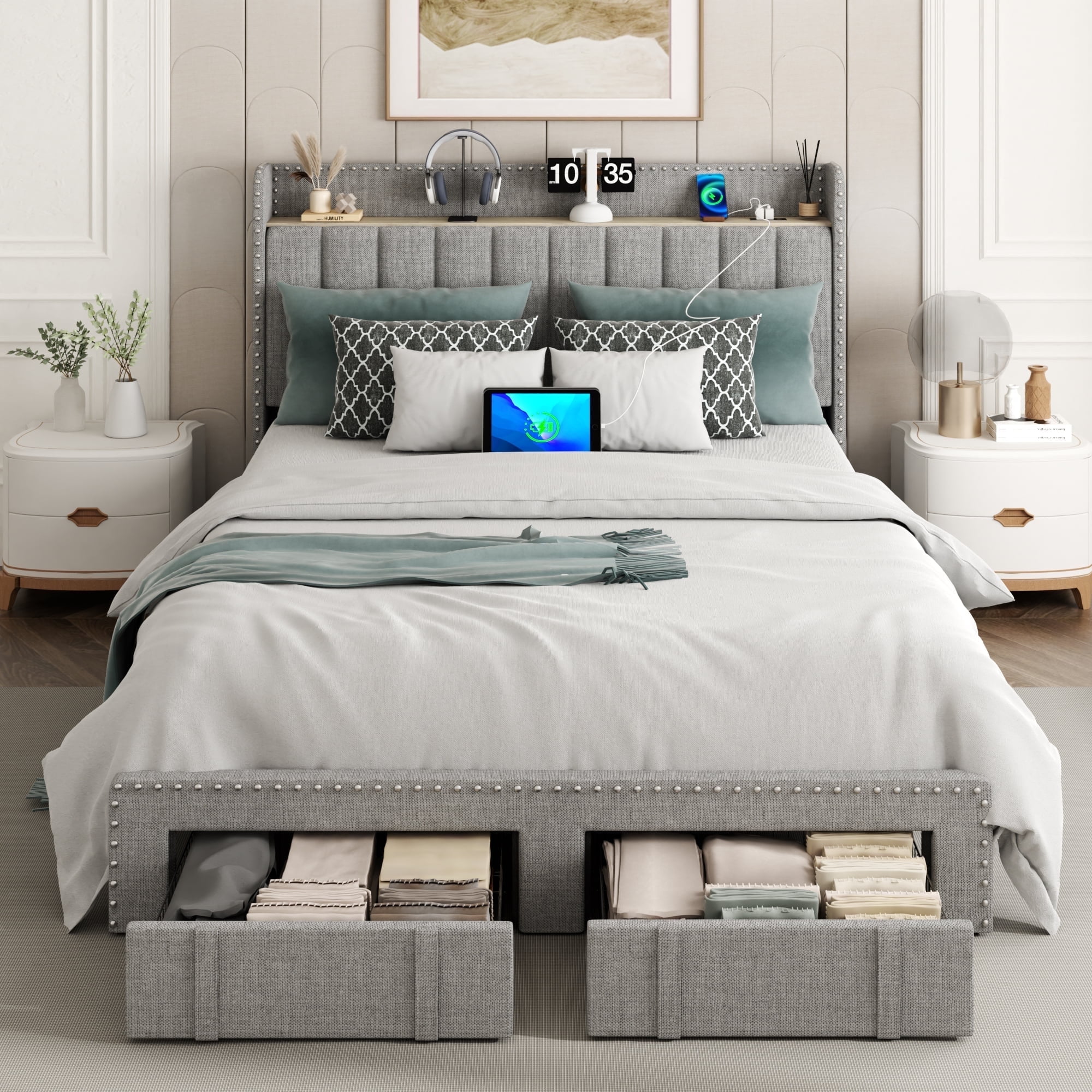 VIPLOV Queen Bed Frame With Headboard and Storage, Platform Bed Frame ...