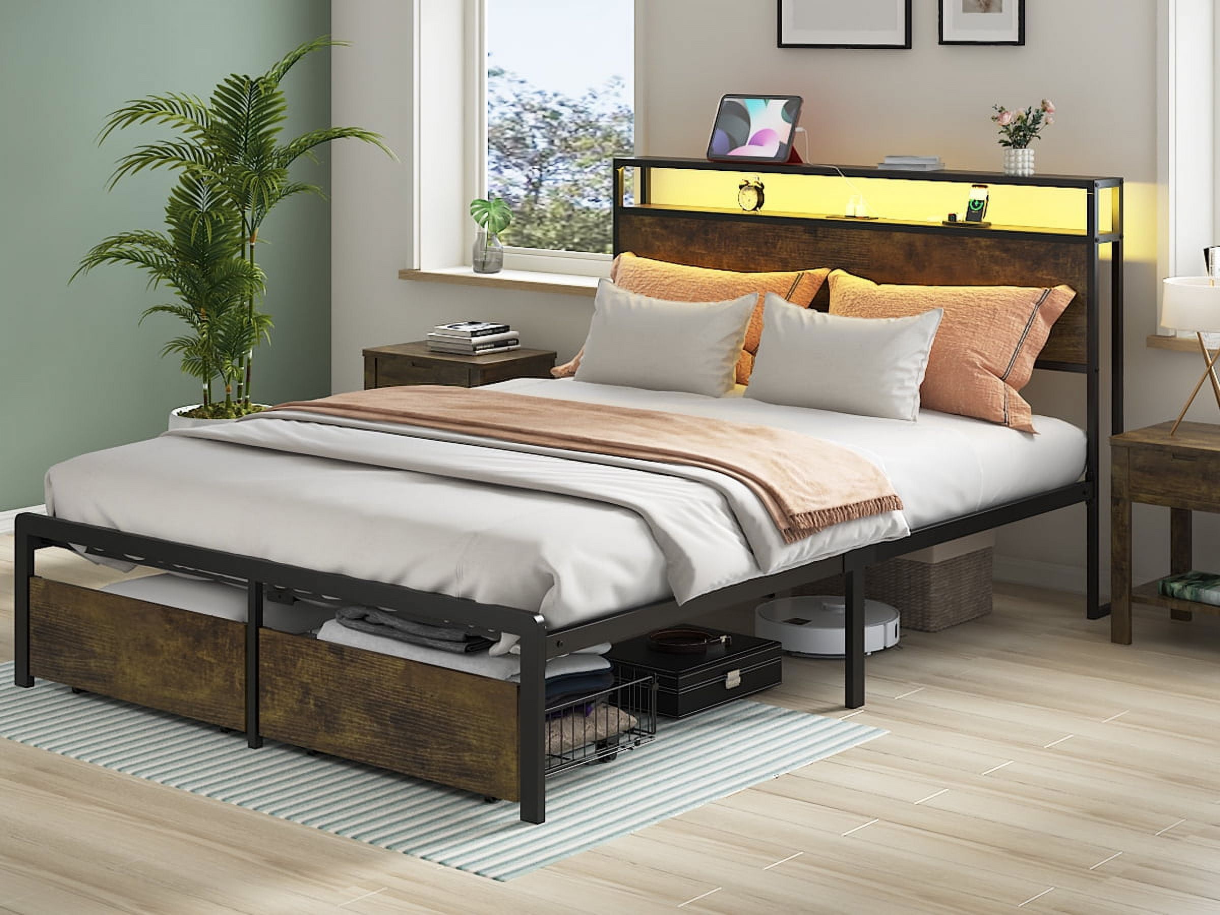Queen Bed Frame with LED Lights and Charging Station - Robust Metal ...