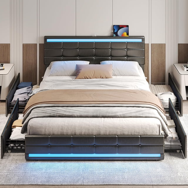 Queen Platform Bed Frame with LED Lights & USB Ports, Storage Drawers ...