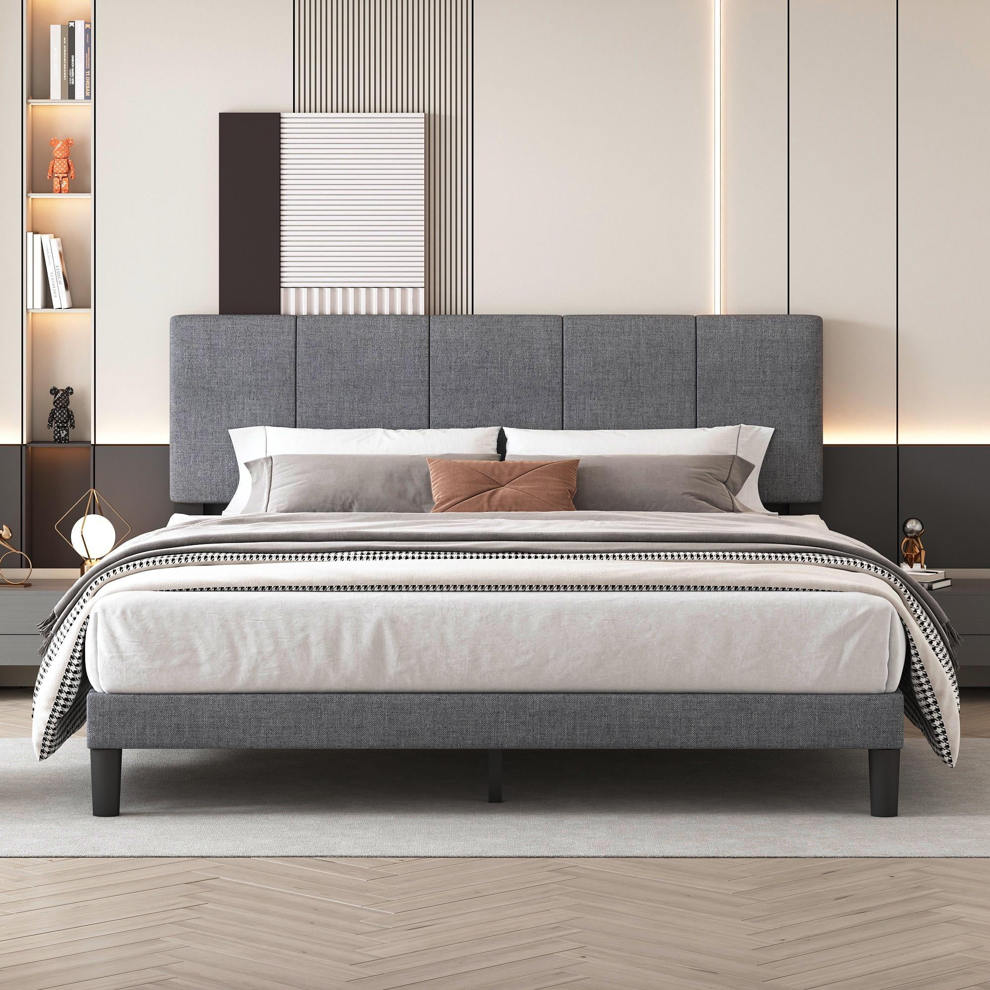 Legahome High Headboard Queen Bed Frame, Gray Upholstered Platform, No ...