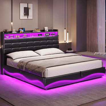SIBEDS Queen LED Bed Frame with Galaxy Projector, Charging Station, 52 ...
