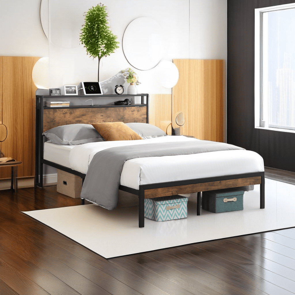 Queen Bed Frame Metal Sturdy Queen Size Platform Bed with Wooden ...