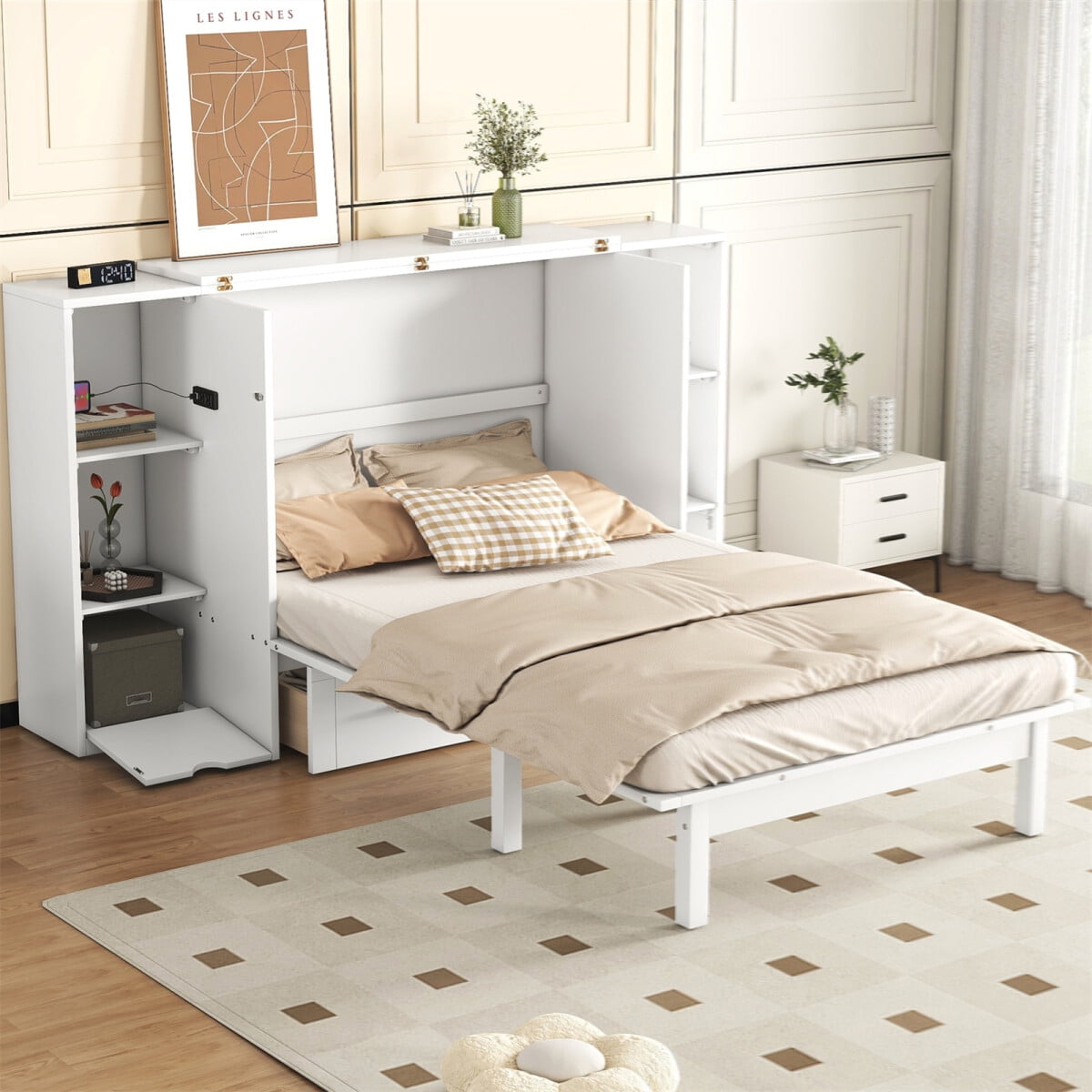 Queen Bed Frame, Multi-function Murphy Bed with Shelves, Drawers and ...
