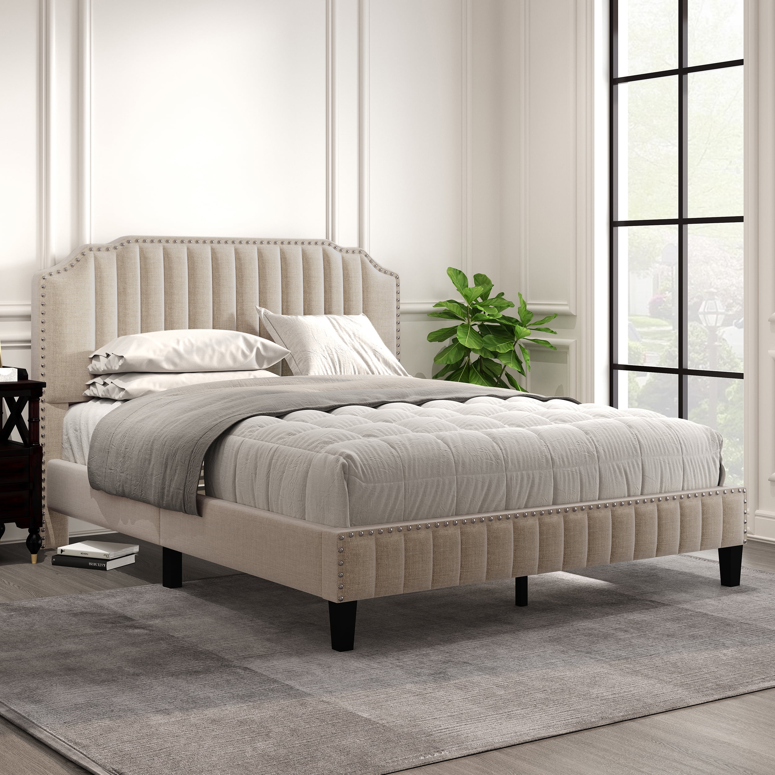 Queen Bed Frame No Box Spring Needed, Upholstered Platform Bed Frame ...