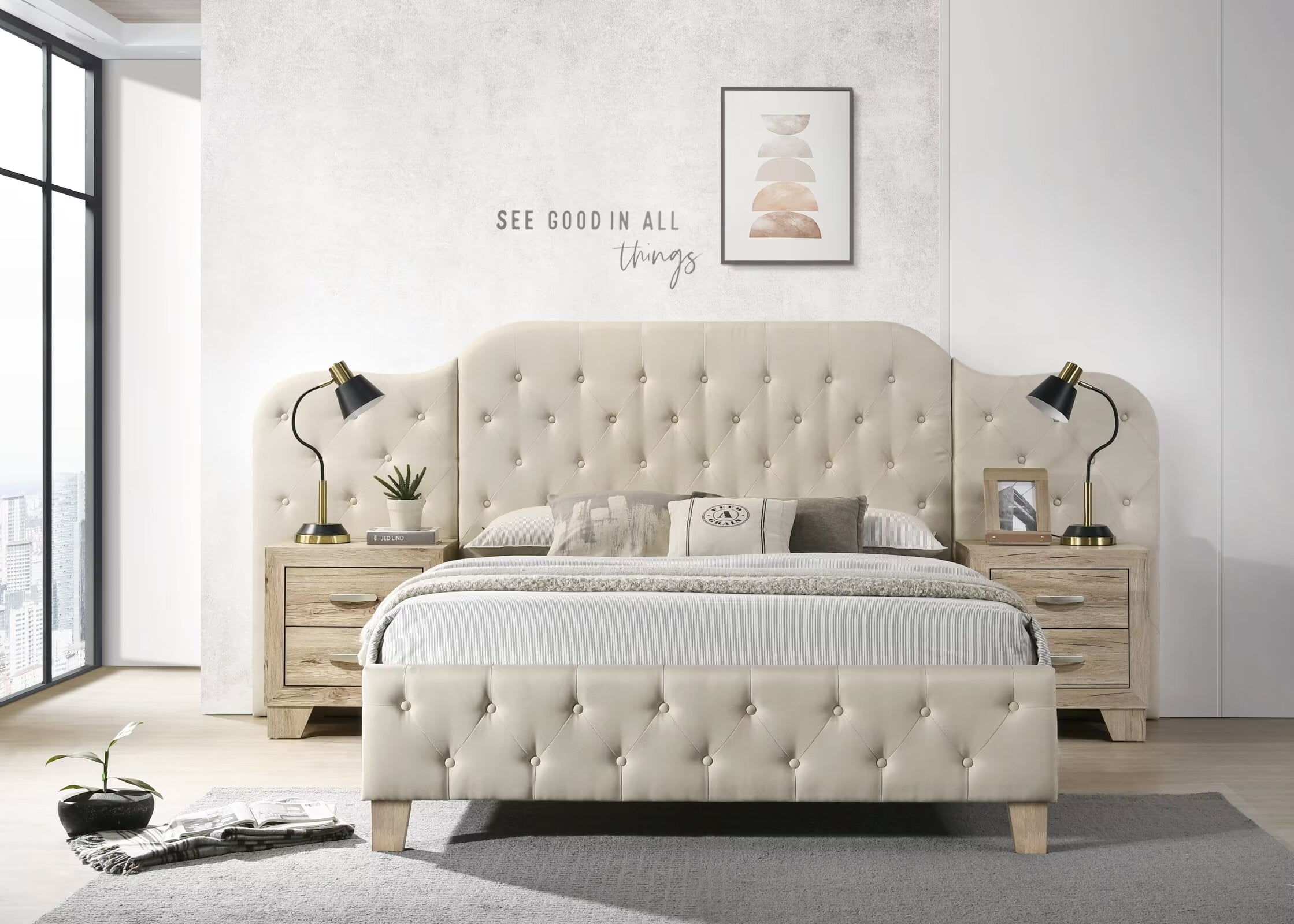 Queen Bed Frame with Oversized Headboard Luxurious Linen Upholstered ...
