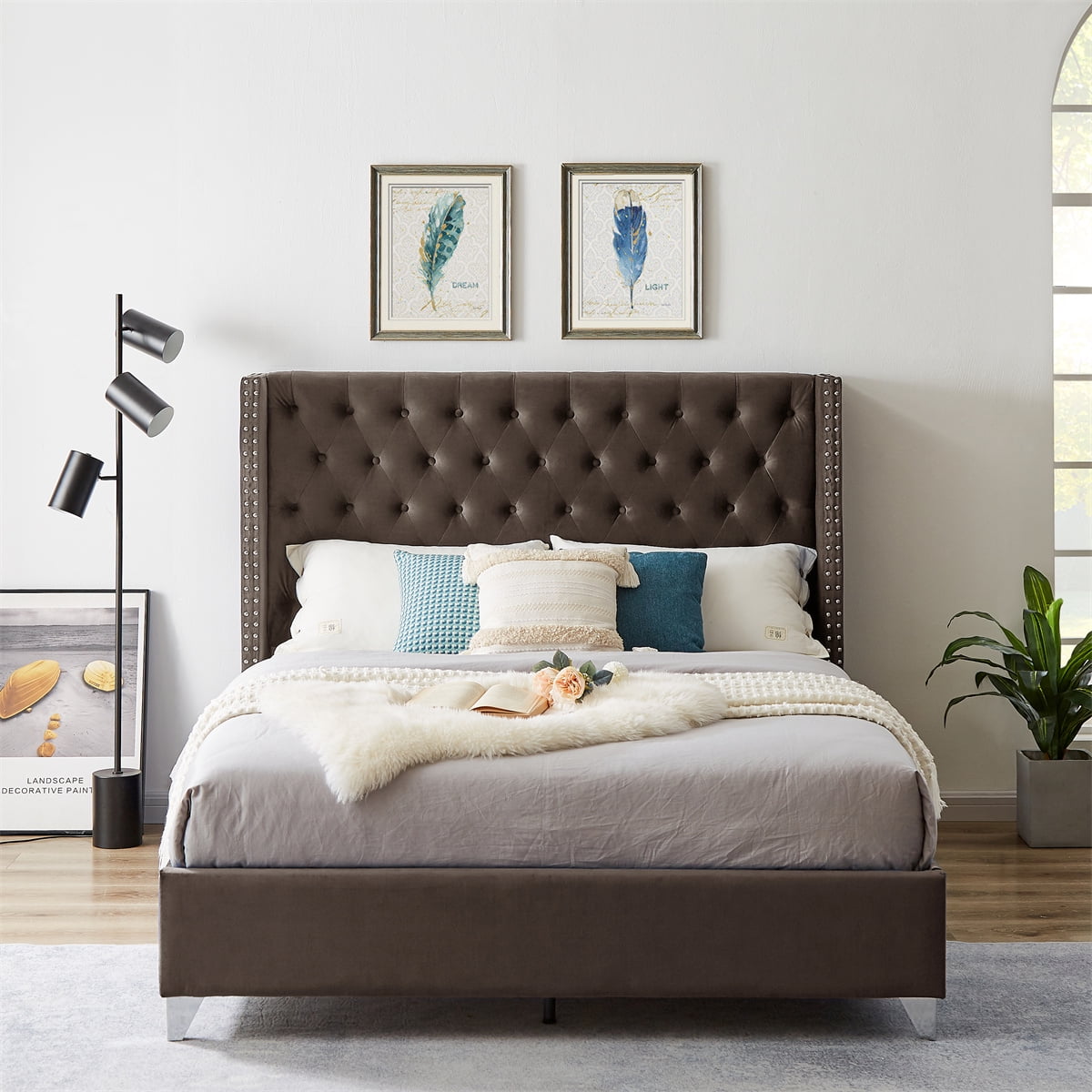 Brown Queen Bed Frame with Upholstered Button Tufted Wingback Headboard ...