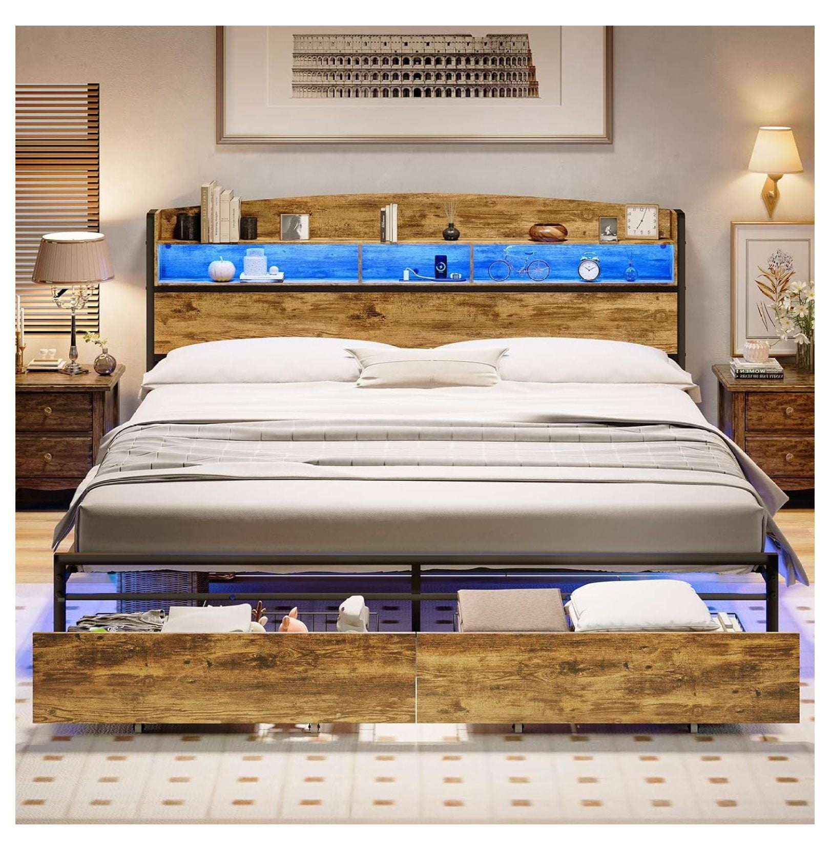 Queen Bed Frame with RGB LED Light Headboard, USB-C/A Charging Station ...