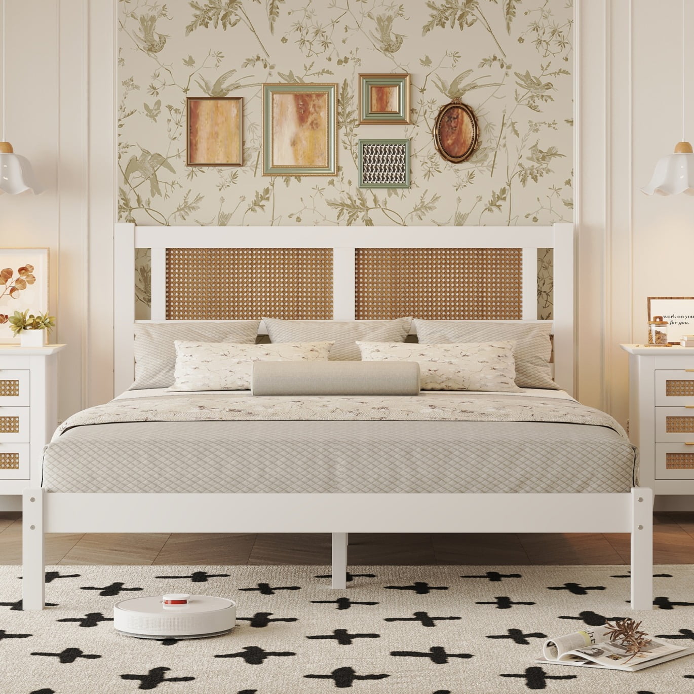 Queen Bed Frame with Rattan Headboard, Platform Bed Frame Queen Size ...