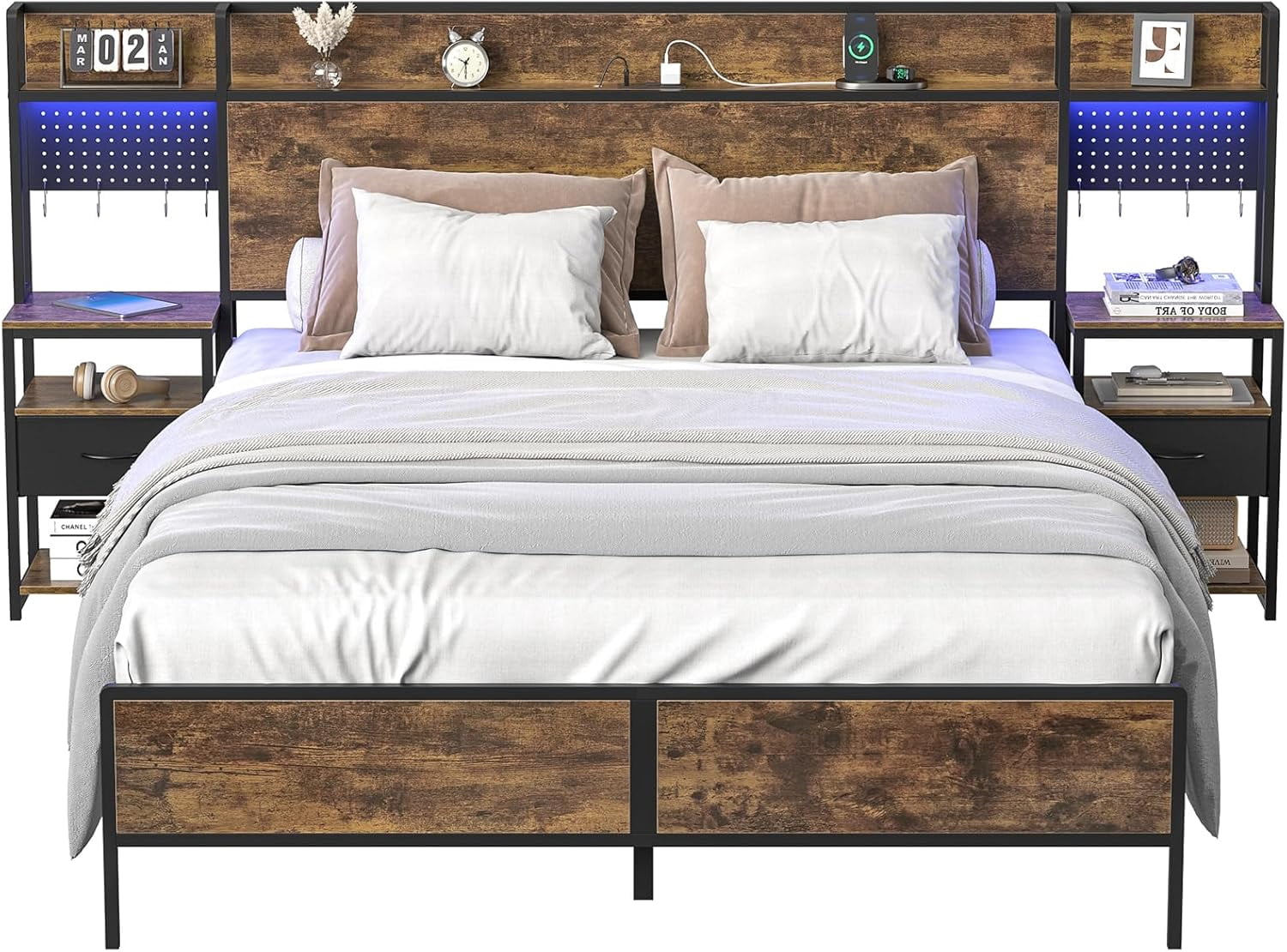 Queen Bed Frame with Set of 2 Bedside Tables with Canvas Drawers and ...
