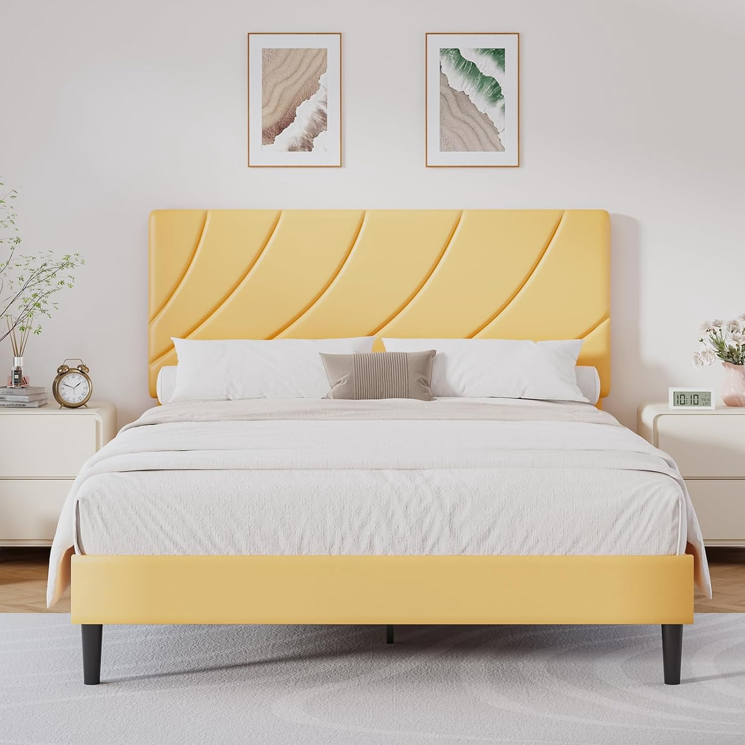 Queen Bed Frame with Shell Headboard PU Leather Upholstered Bed Frame ...