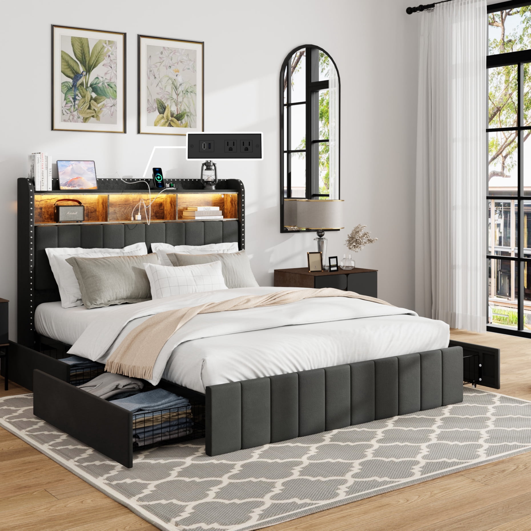 Queen Bed Frame with Storage Bookcase Headboard & 4 Lockable Drawers ...