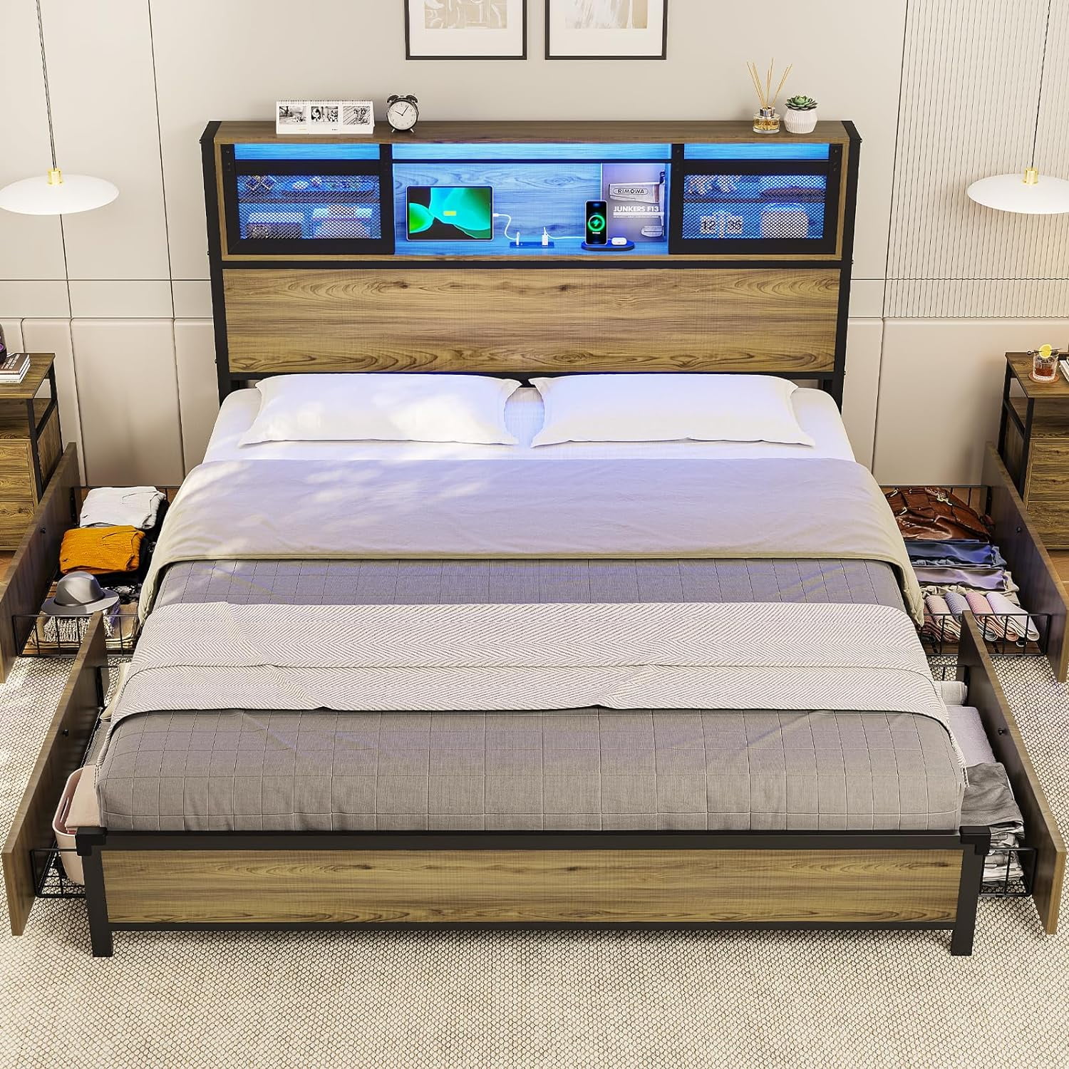 Queen Bed Frame with Storage Headboard and 4 Drawers,Metal Platform Bed ...