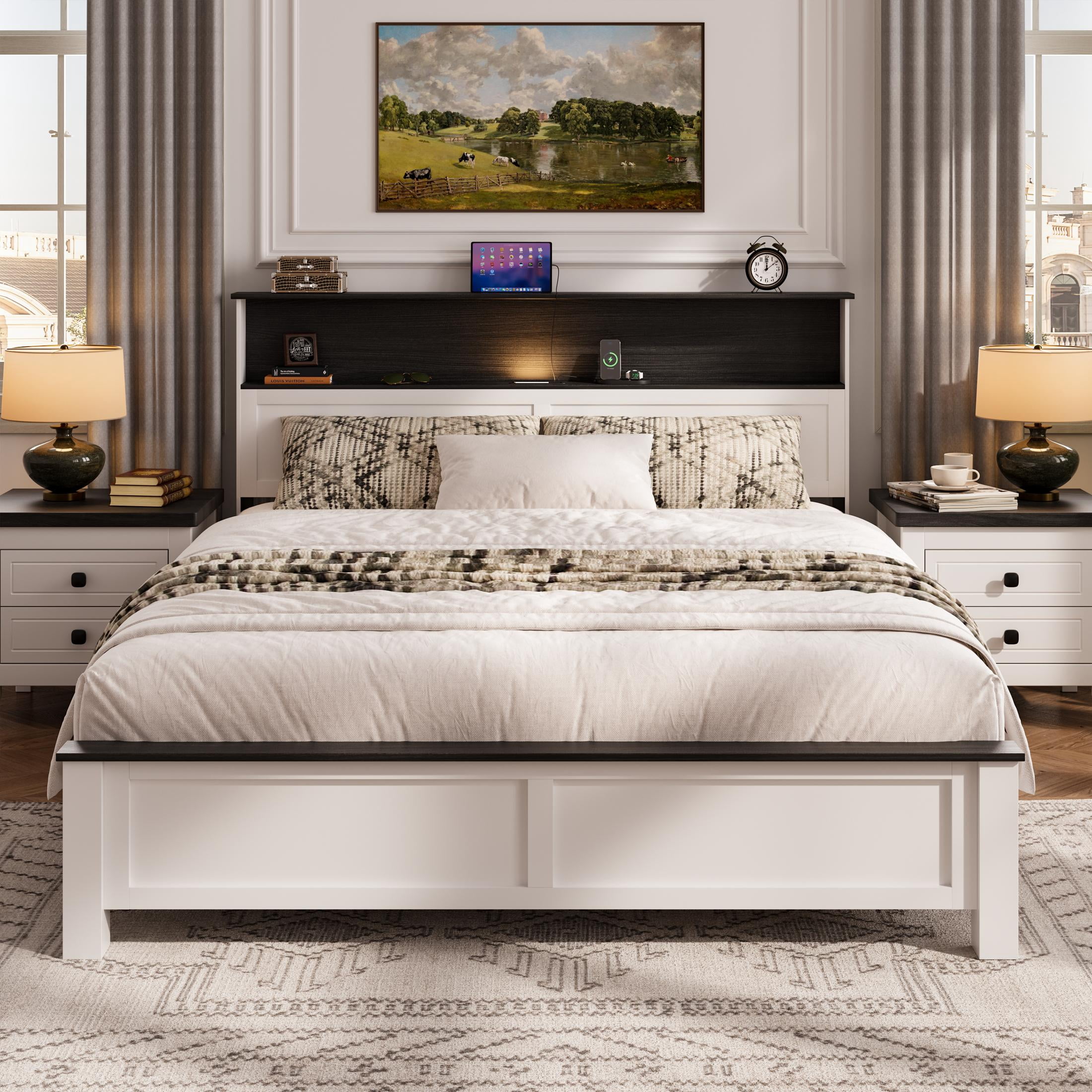 Queen Bed Frame with Storage Headboard and Charging Station, LED Queen ...
