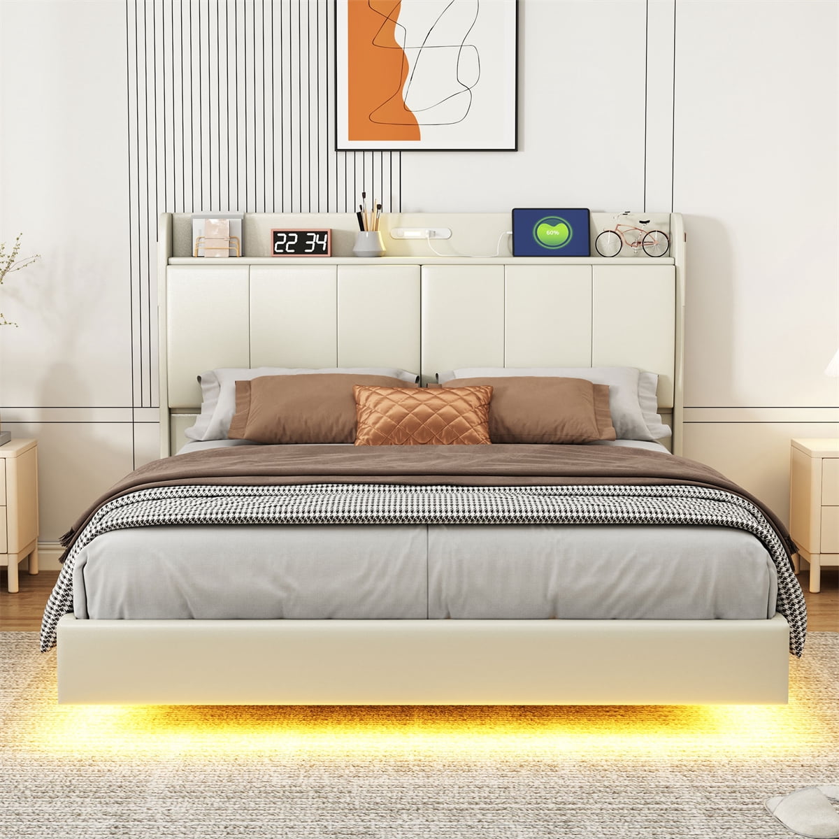 Queen Bed Frame with Storage Headboard, Modern Queen Size Floating Bed ...