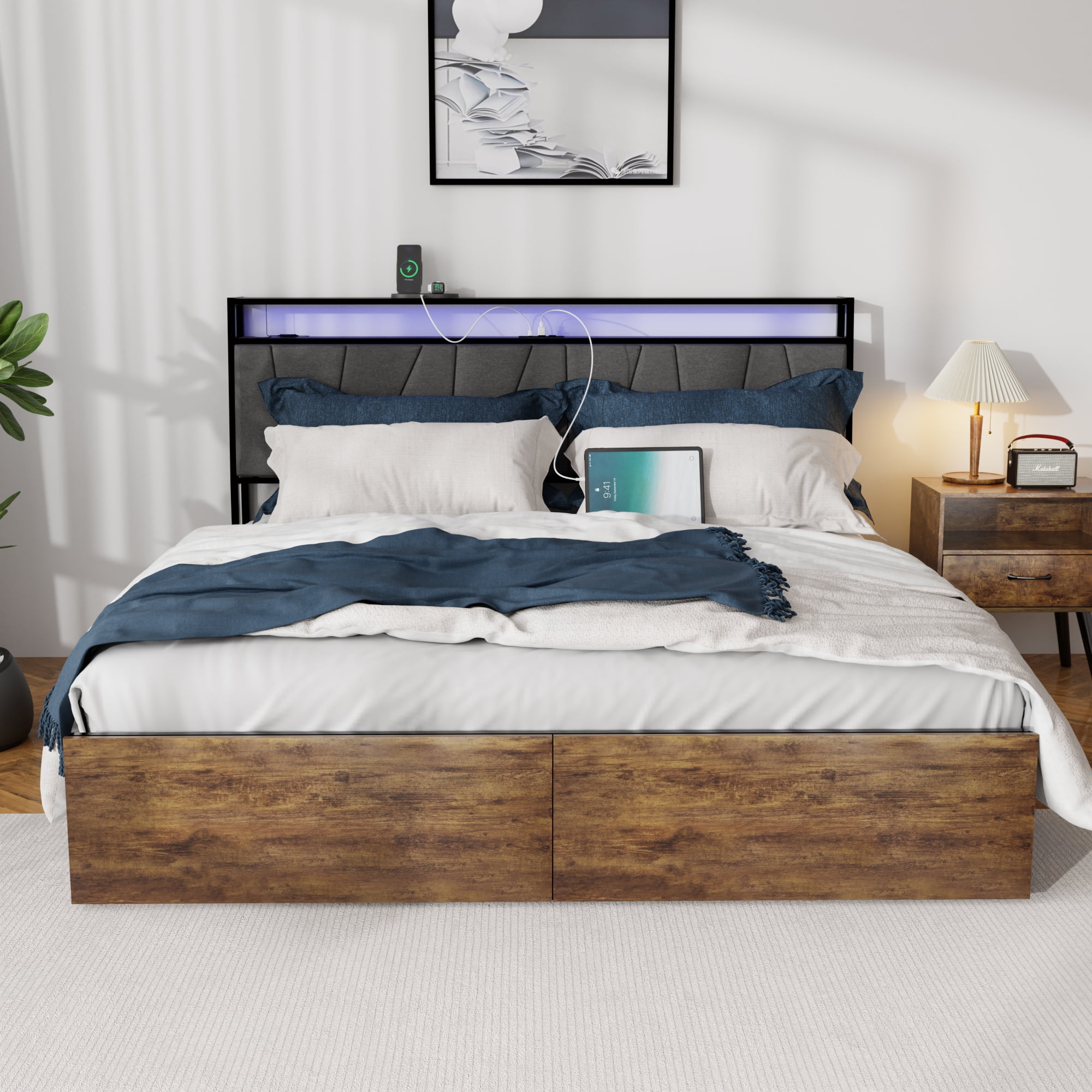 Queen Bed Frame with Storage Headboard,Queen Size Platform Bed Frame ...