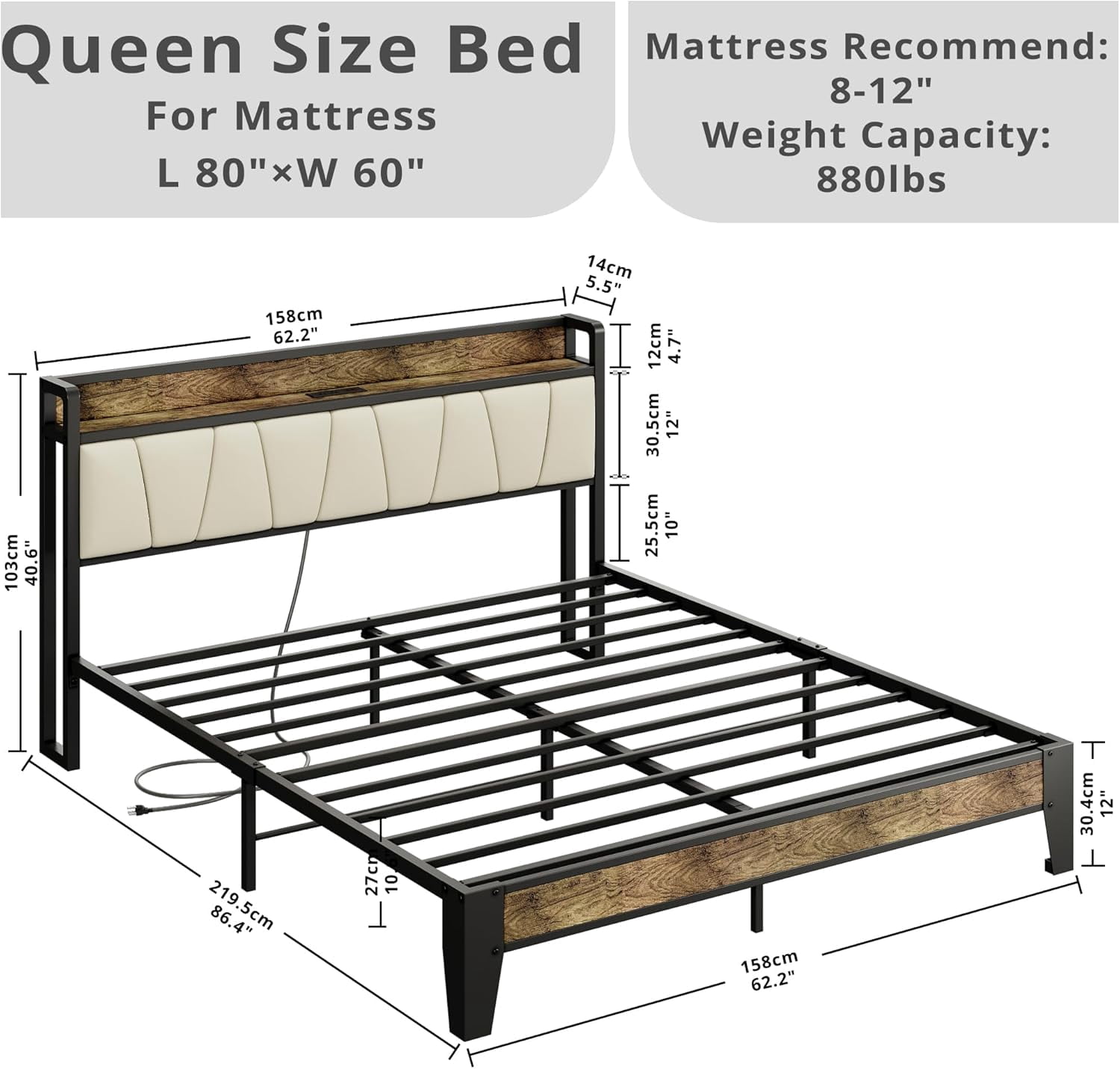 Queen Bed Frame, Storage Headboard with Charging Station, Solid and ...