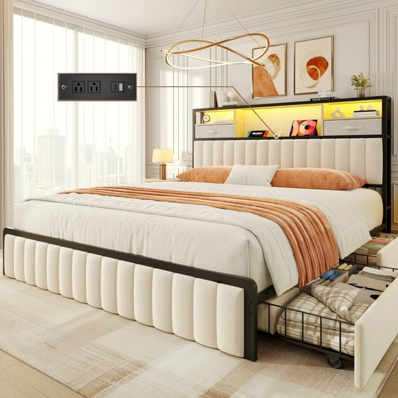Jopath King Size Bed Frame with Storage Headboard,Charging Station and ...