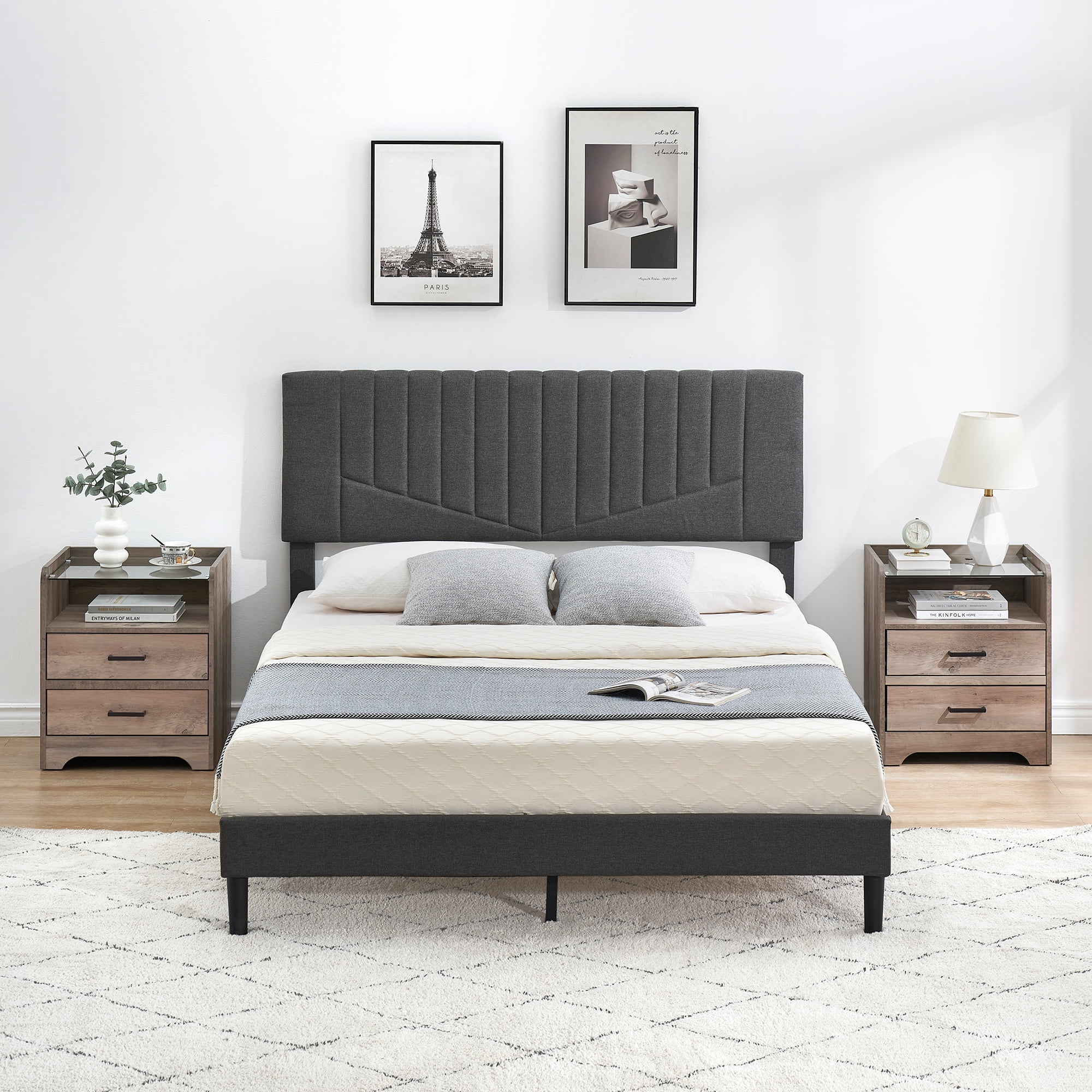 Queen Bed Frame Upholstered Platform Bed with Adjustable Headboard ...